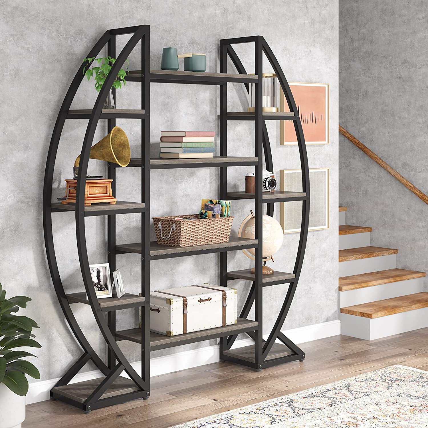 Tribesigns Tall Metal Bookshelf, 5-Tier Oval Industrial Decorative ...