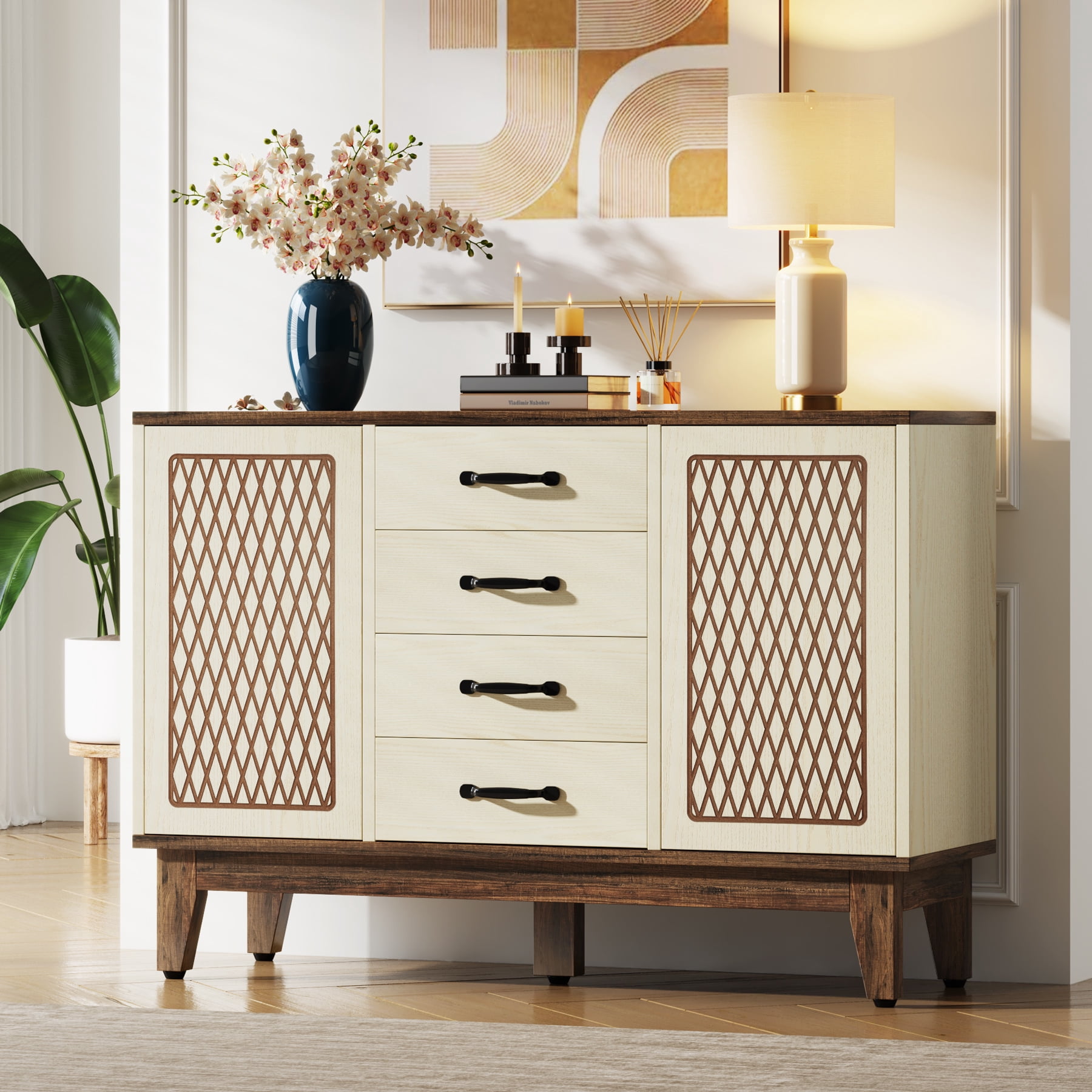 Tribesigns Buffet Cabinet with 4 Drawers, 47.2-Inch Sideboard Storage ...