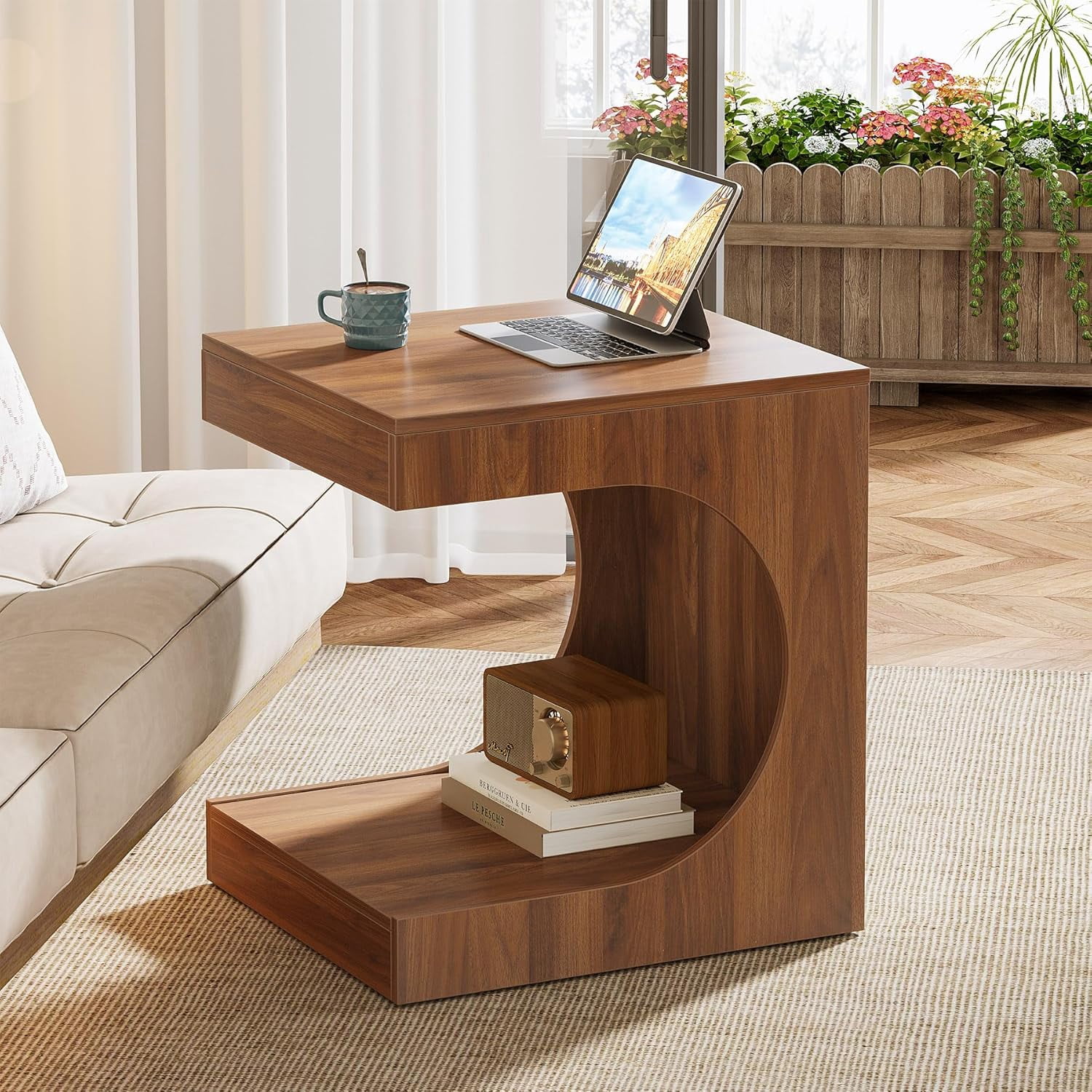 Tribesigns C-Shaped End Table for Couch, Wooden 2-Tier Side Table ...