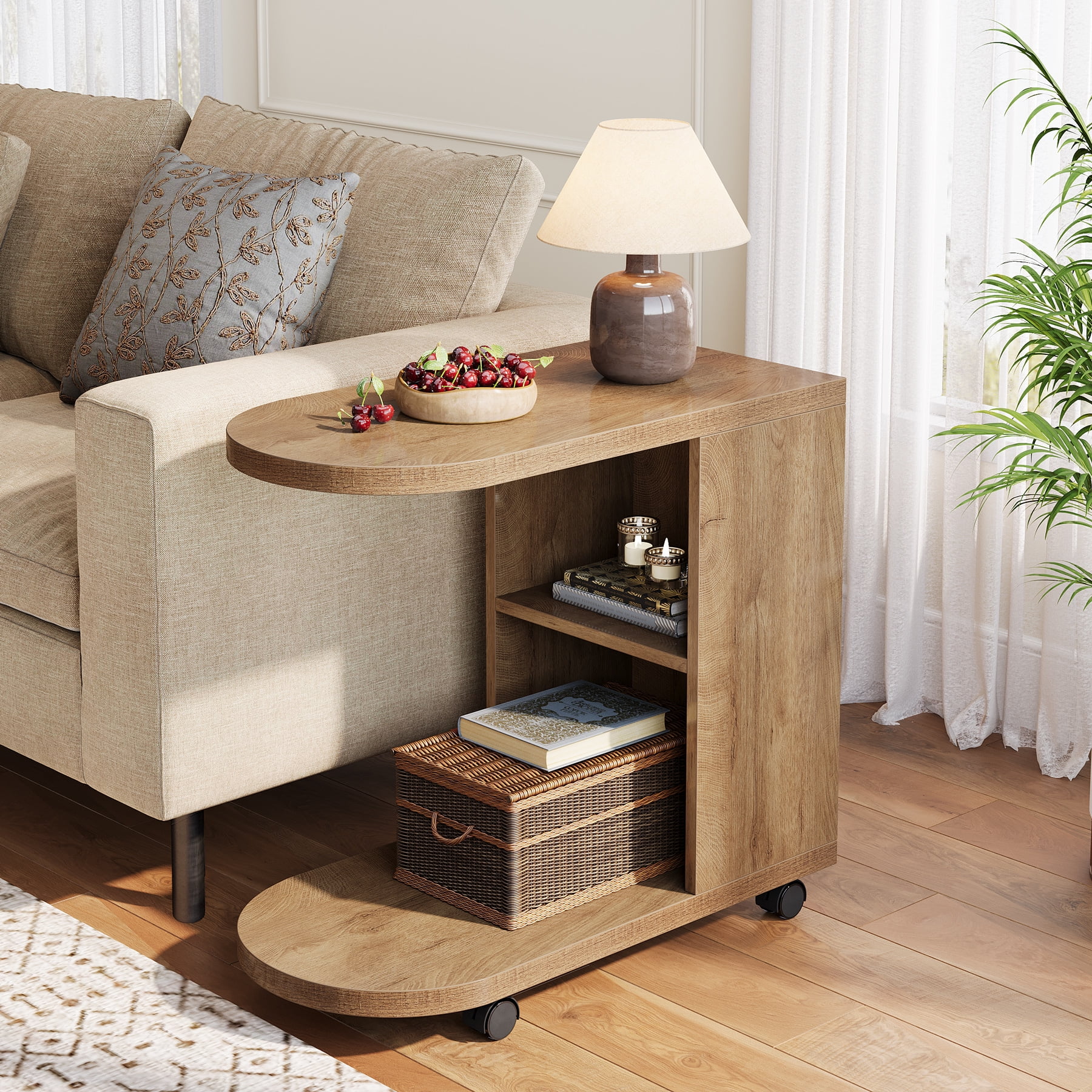 Tribesigns C Shaped Sofa Side Table, Mobile Bedside End Table with Storage, Small Over Couch ...