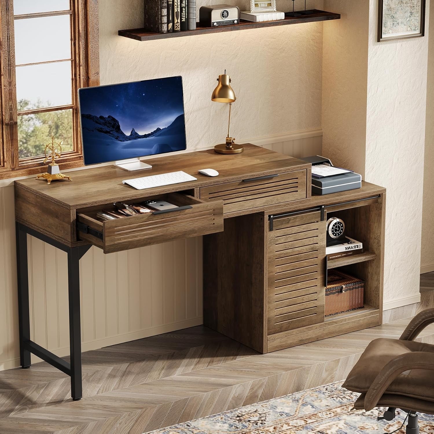 Finmind Compact Industrial Computer Desk with 2 Drawers, Reversible ...