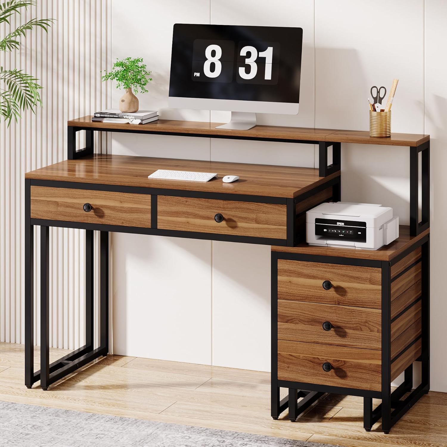 Tribesigns Computer Desk with 5 Drawers, Industrial Office Desk with ...