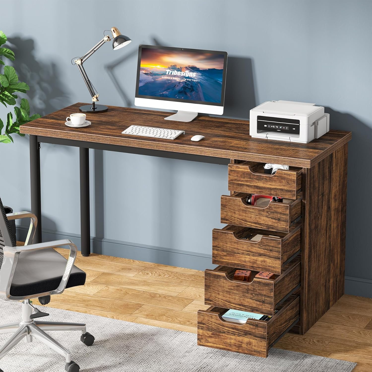 Tribesigns Computer Desk with 5 Drawers, 47 inches Rustic Brown Home ...