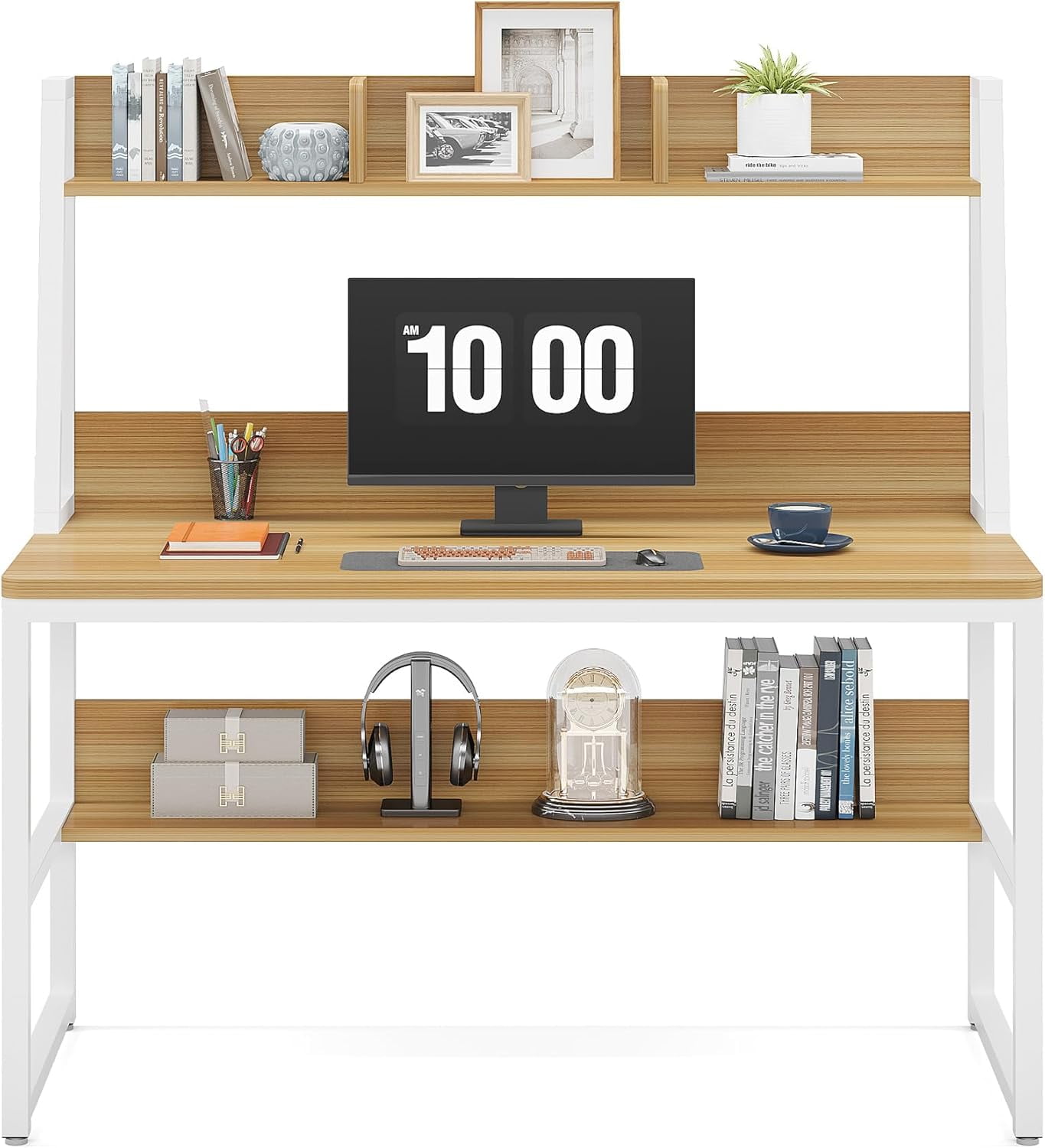 Tribesigns Computer Desk with Hutch, 47 inches Home Office Desk with Bookshelf (Wood Color ...