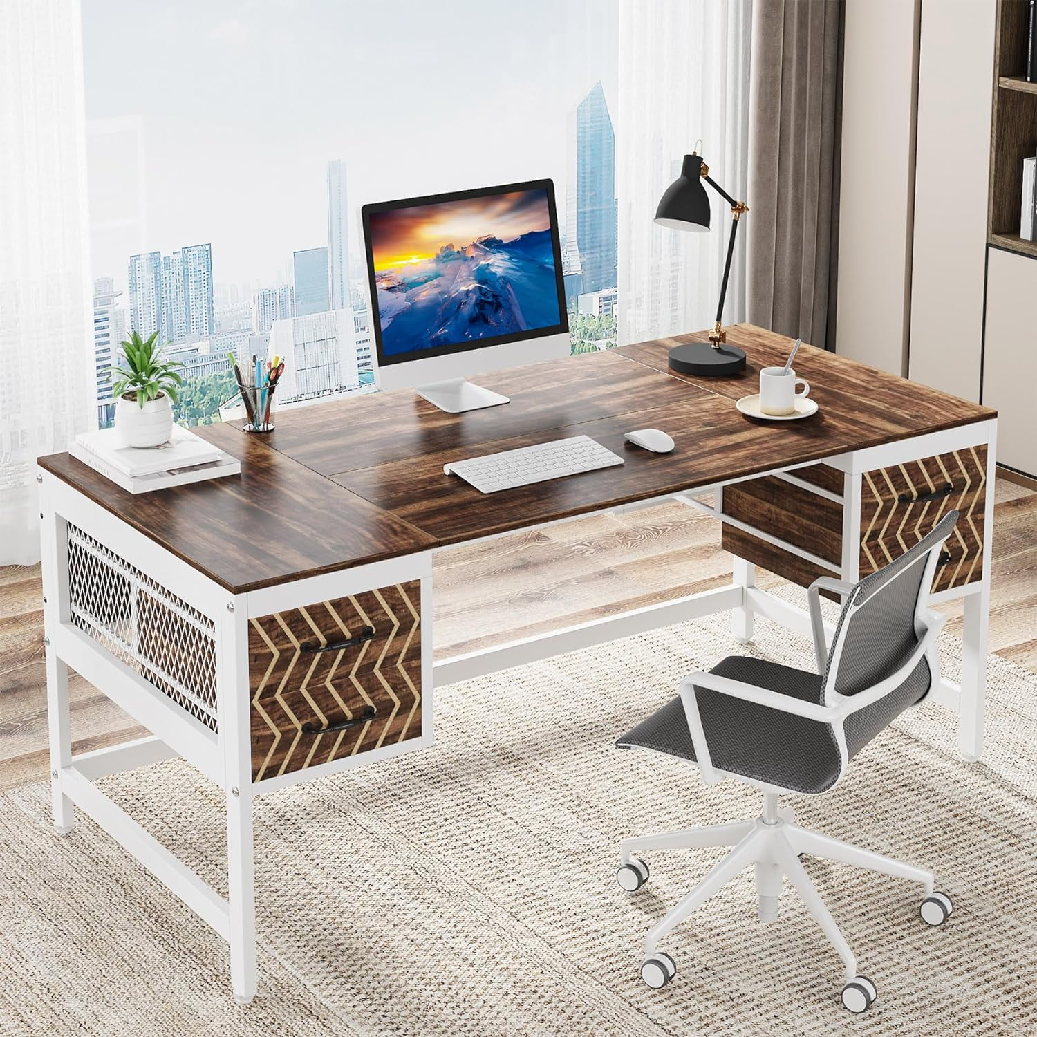 Tribesigns Computer Executive Desk with Drawers: Wood 63" Computer Desk ...