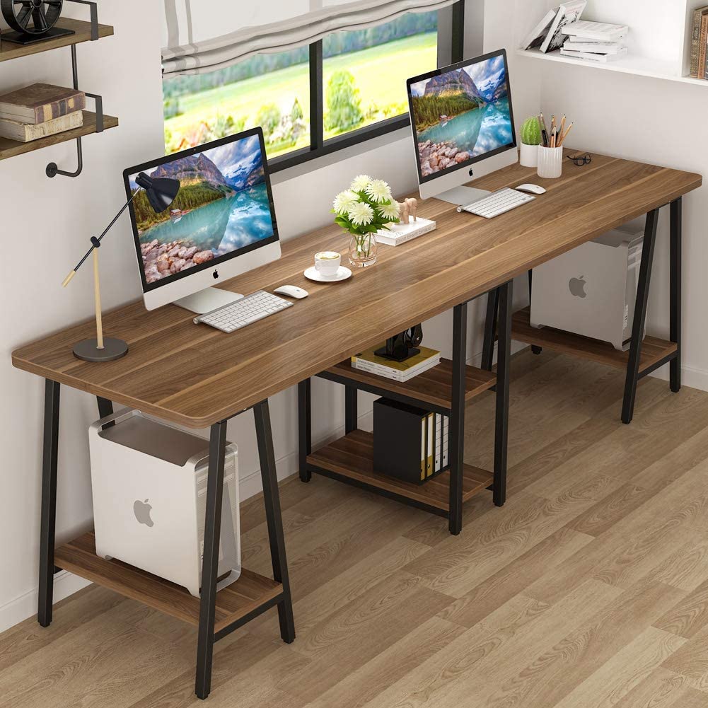 Tribesigns Two Person Desk with Storage Shelves and Tiltable Tabletop ...
