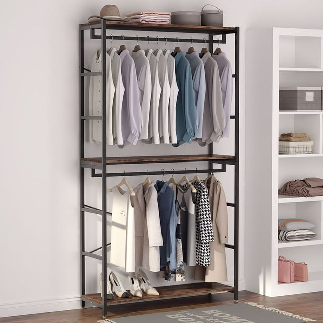 Tribesigns Double Rod Closet Organizer, 3-Tier Metal Shelf Wardrobe ...
