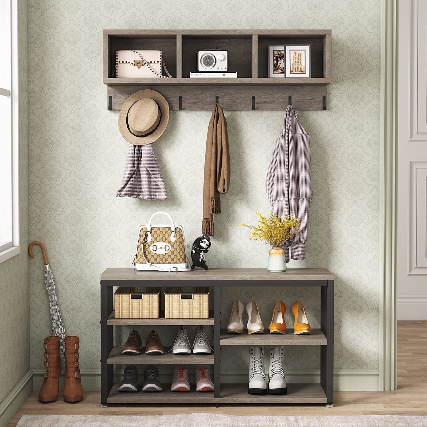 Tribesigns Entryway Coat Racks with Shoe Storage Bench, Industrial Hall ...