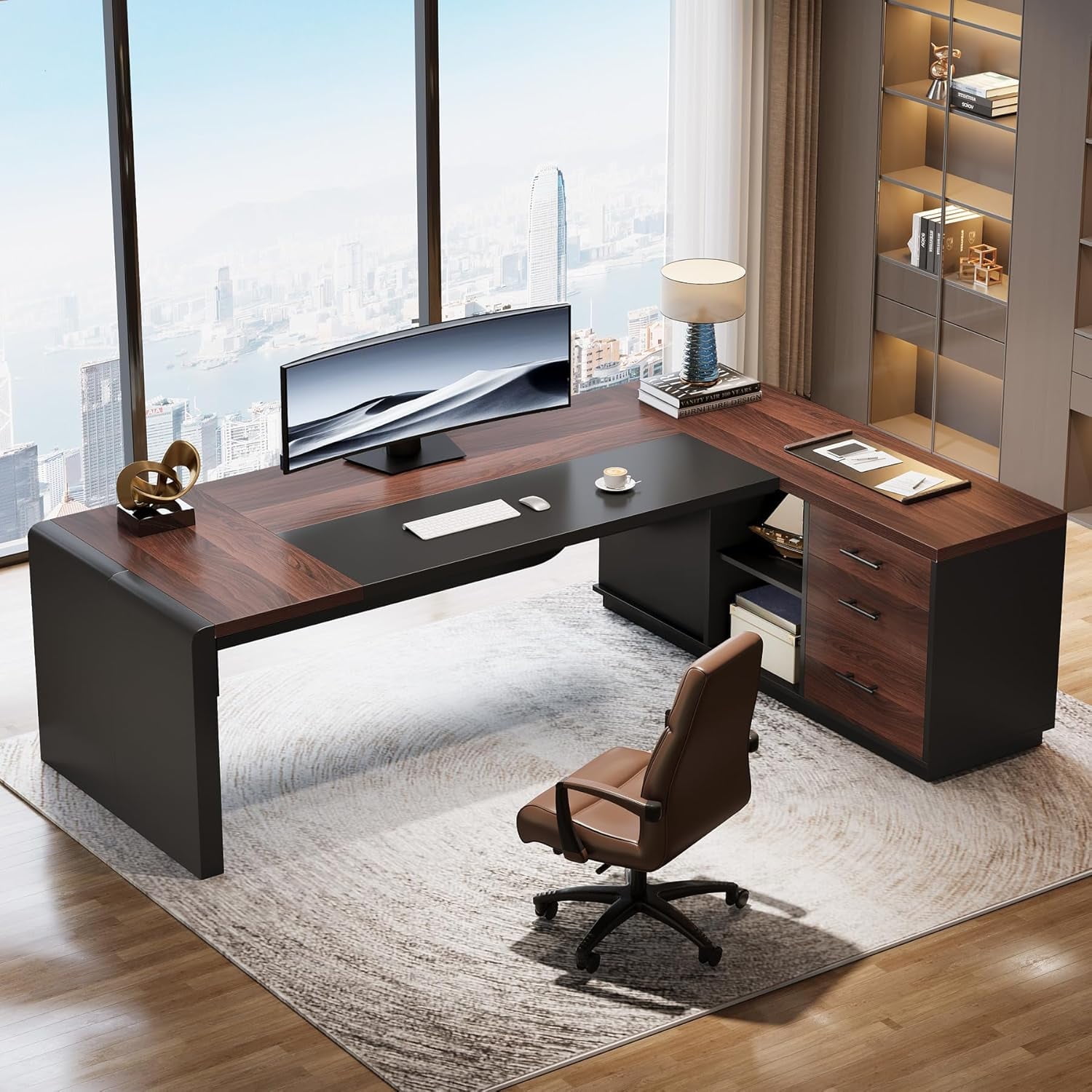 Finmind Executive Desk: 80'' L-Shaped Office Table with 55'' Cabinet ...