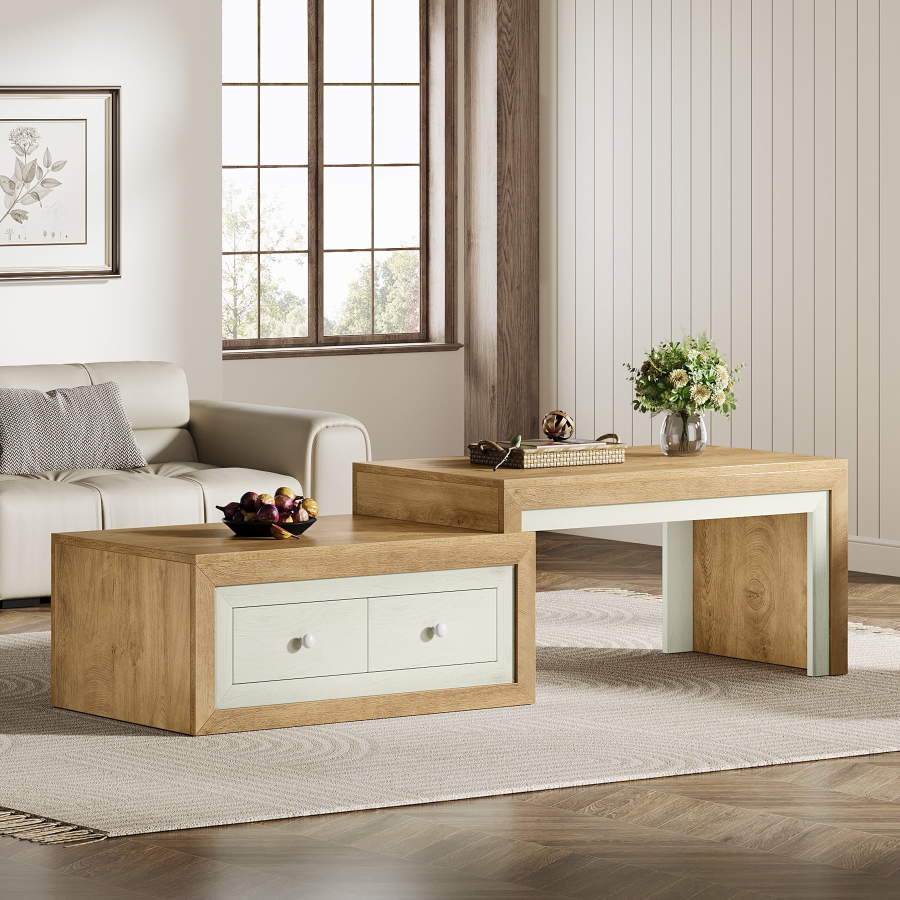 Tribesigns Extendable Coffee Table with 2 Drawers, Wood Coffee Table ...