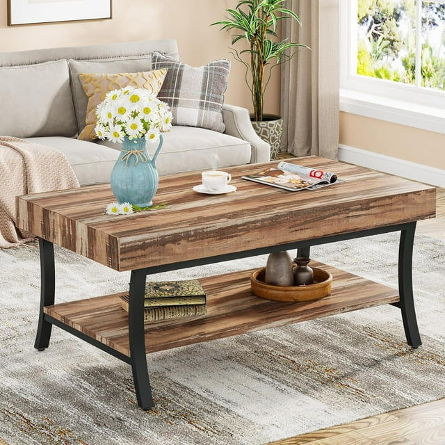 Tribesigns Farmhouse Coffee Table with Storage, 2-Tier Rustic Living ...