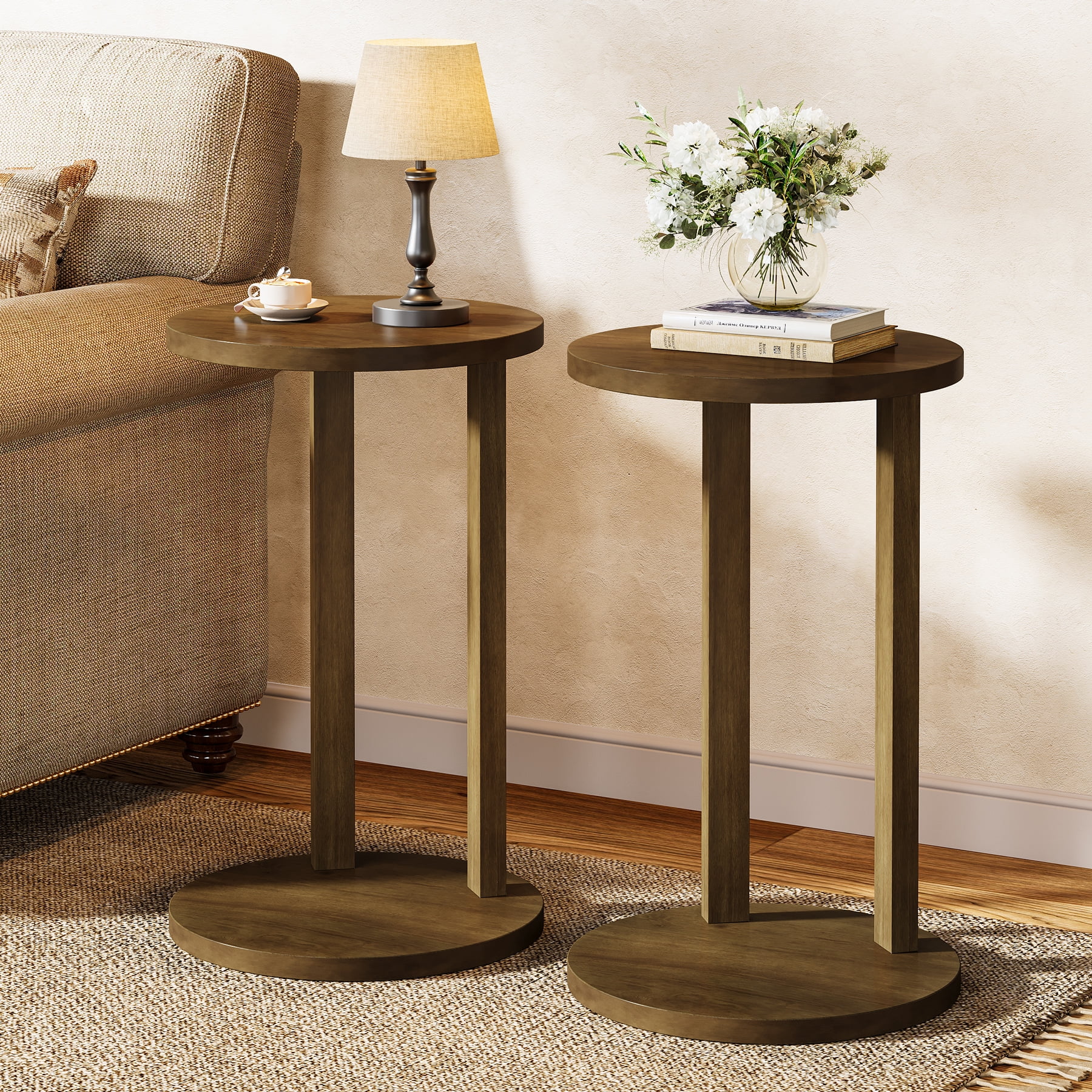 Tribesigns Farmhouse End Table, 2-Tier Round Side Table with Solid Wood ...
