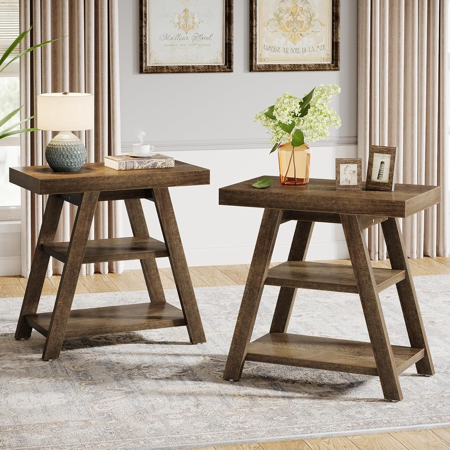 Tribesigns Farmhouse End Table Set of 2, 3-Tier Narrow Sofa Side Table ...