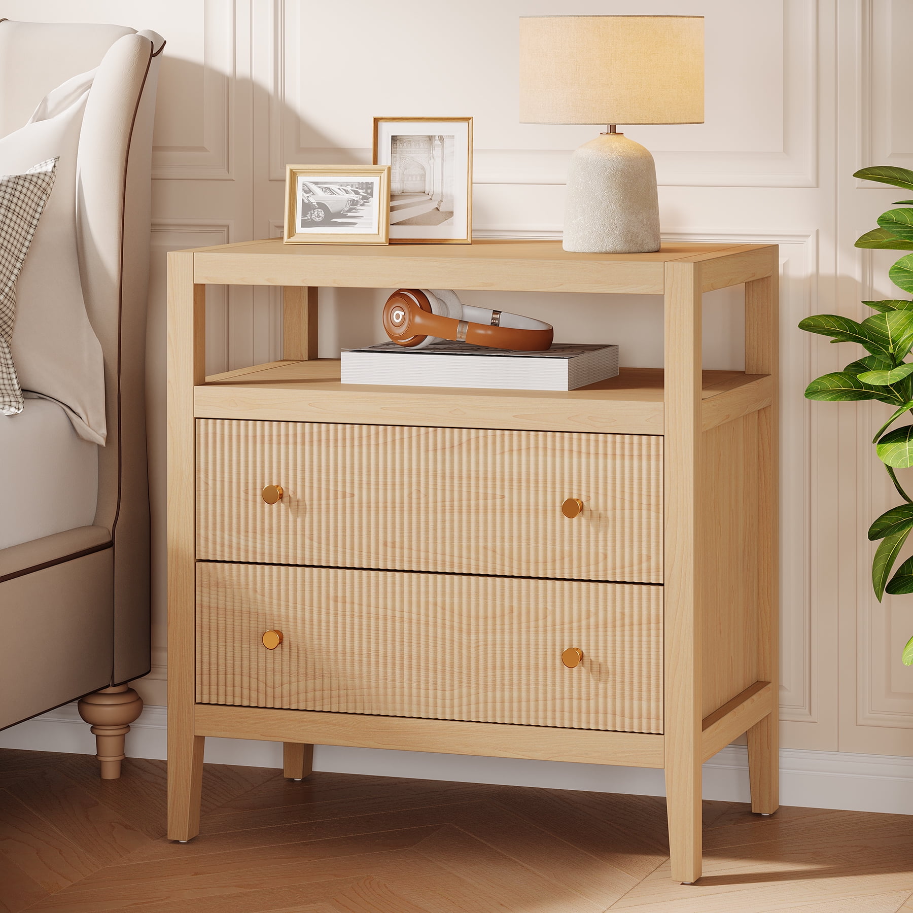 Tribesigns Farmhouse Nightstand, 2-Drawer Nightstand with Open Storage ...