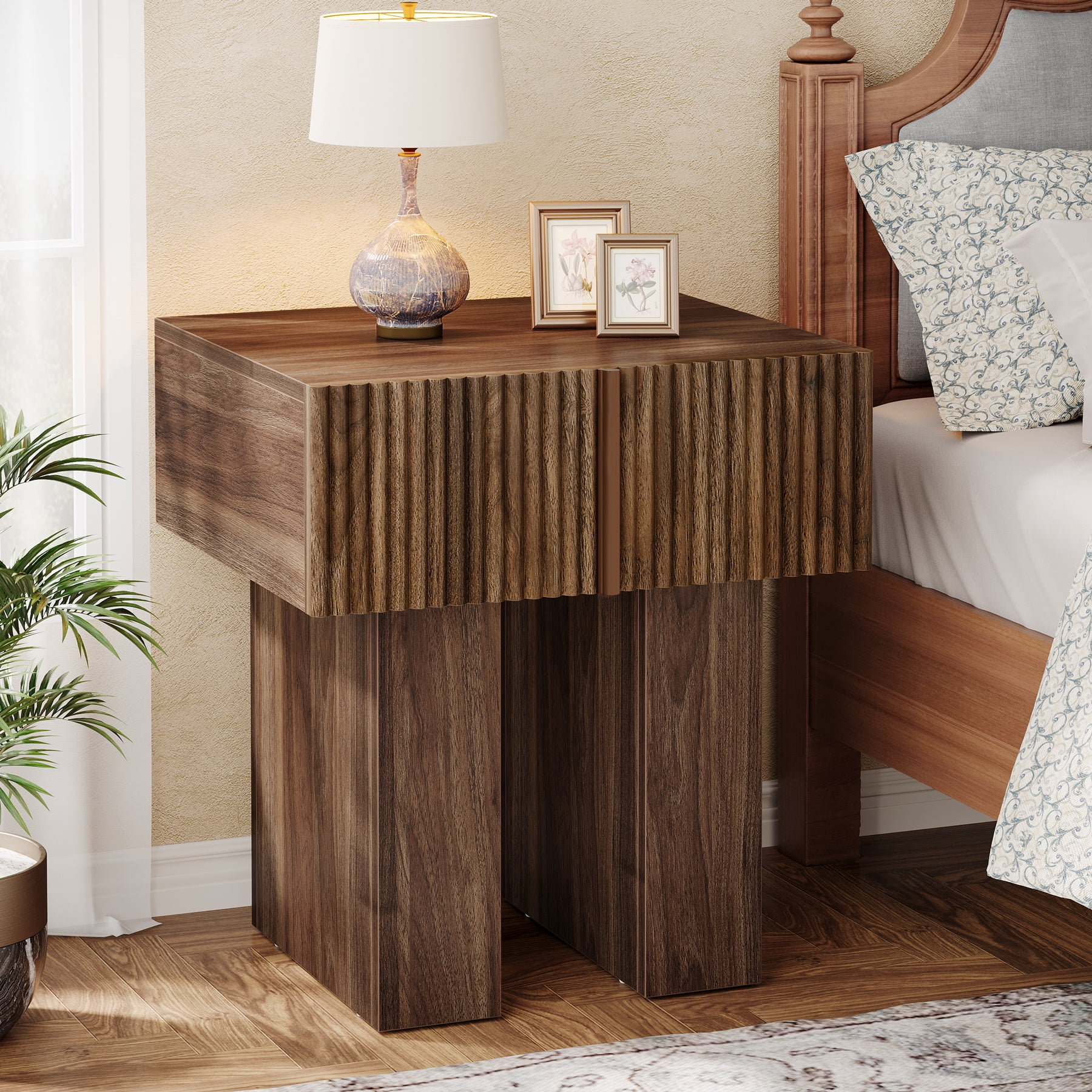 Tribesigns Farmhouse Nightstand, Fluted Night Stand with Storage Drawer ...