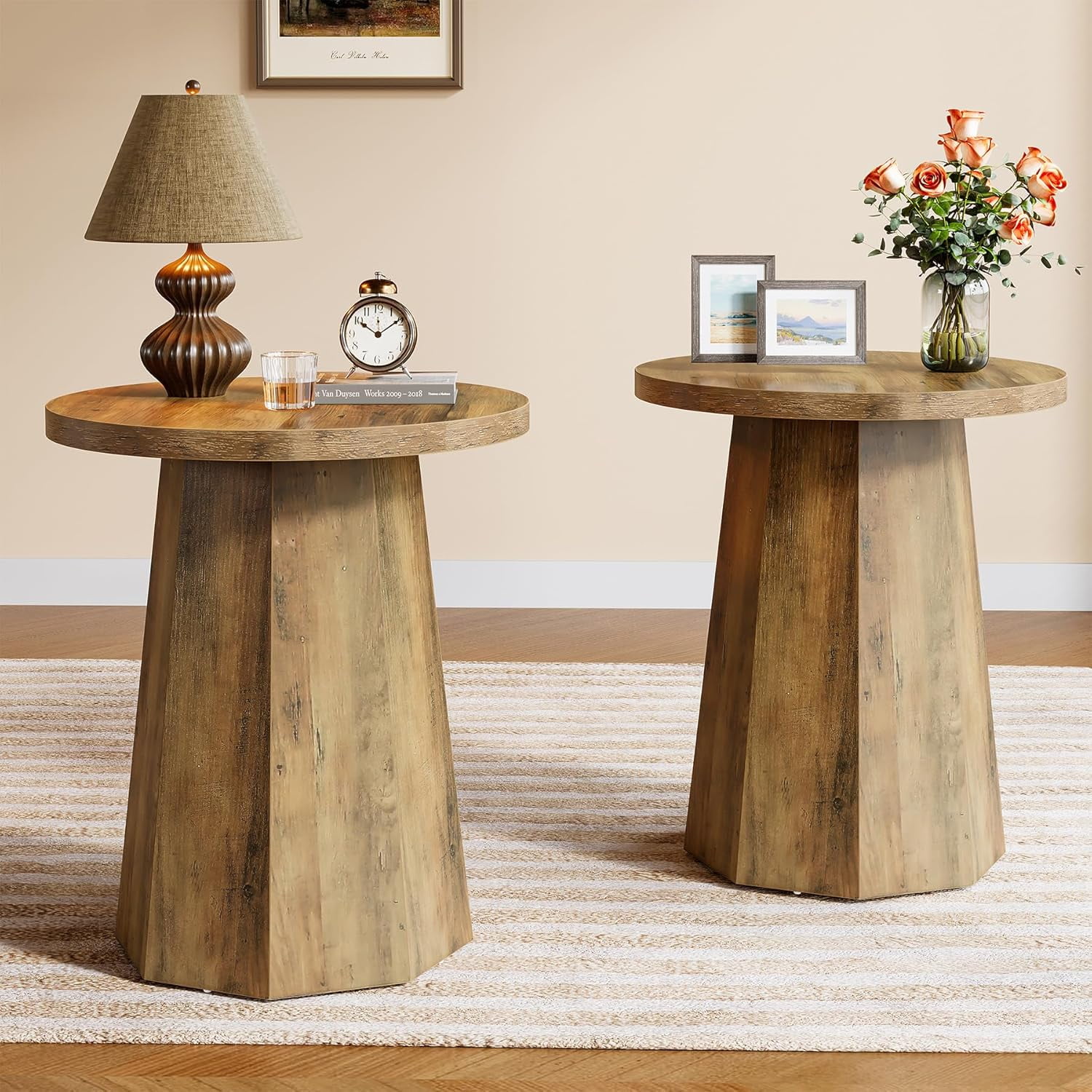 Tribesigns Farmhouse Round End Table, Wooden Couch Side Table with ...