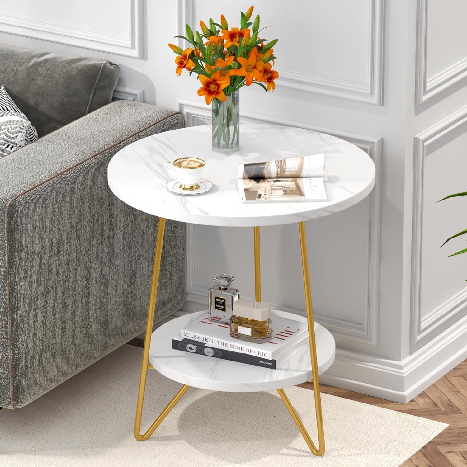 Tribesigns Faux Marble End Table, 2 Tier Round Side Table with Shelves ...