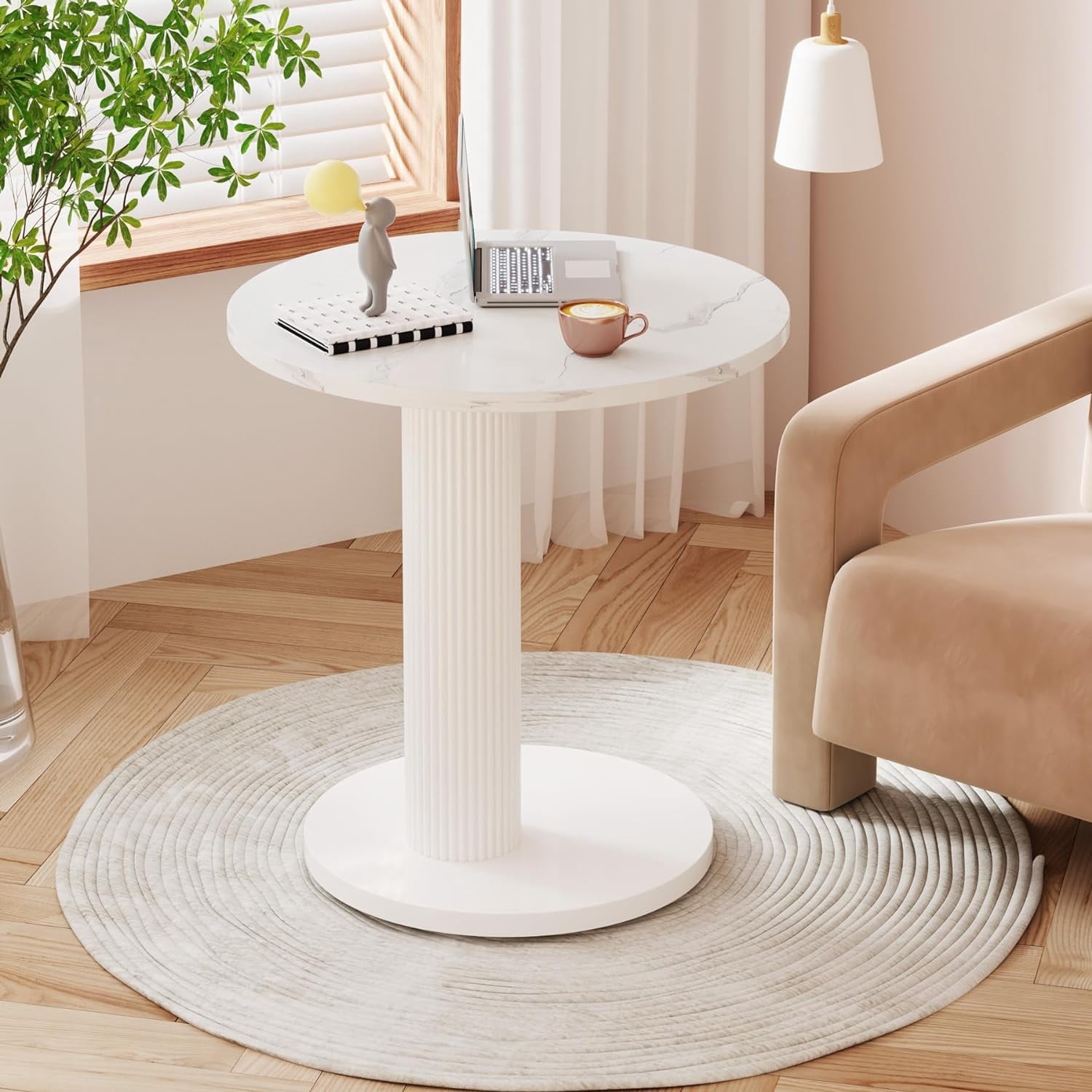 Finmind Faux Marble Round End Table, C-Shaped Side & Bedside Accent ...