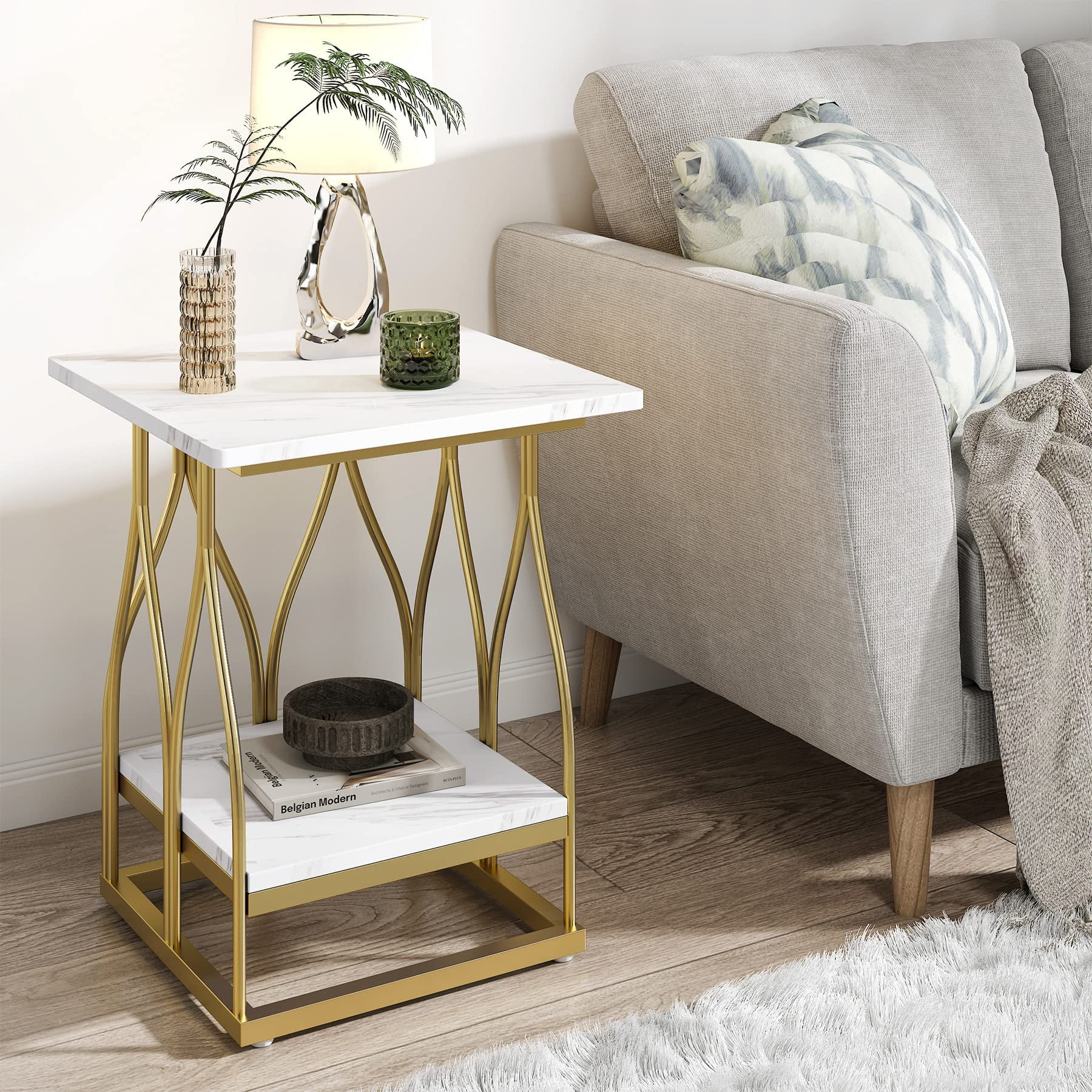 Tribesigns High Gloss Faux Marble Side Table, 2 Tier Storage, Metal ...