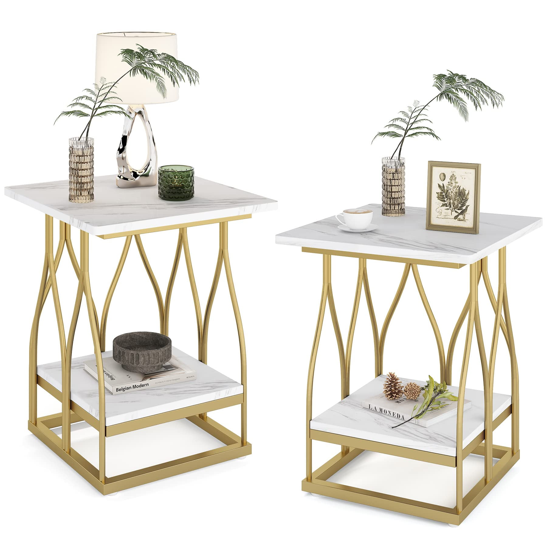 Tribesigns Faux Marble Side Tables, Set of 2, White/Gold Frame, 2-Tier ...