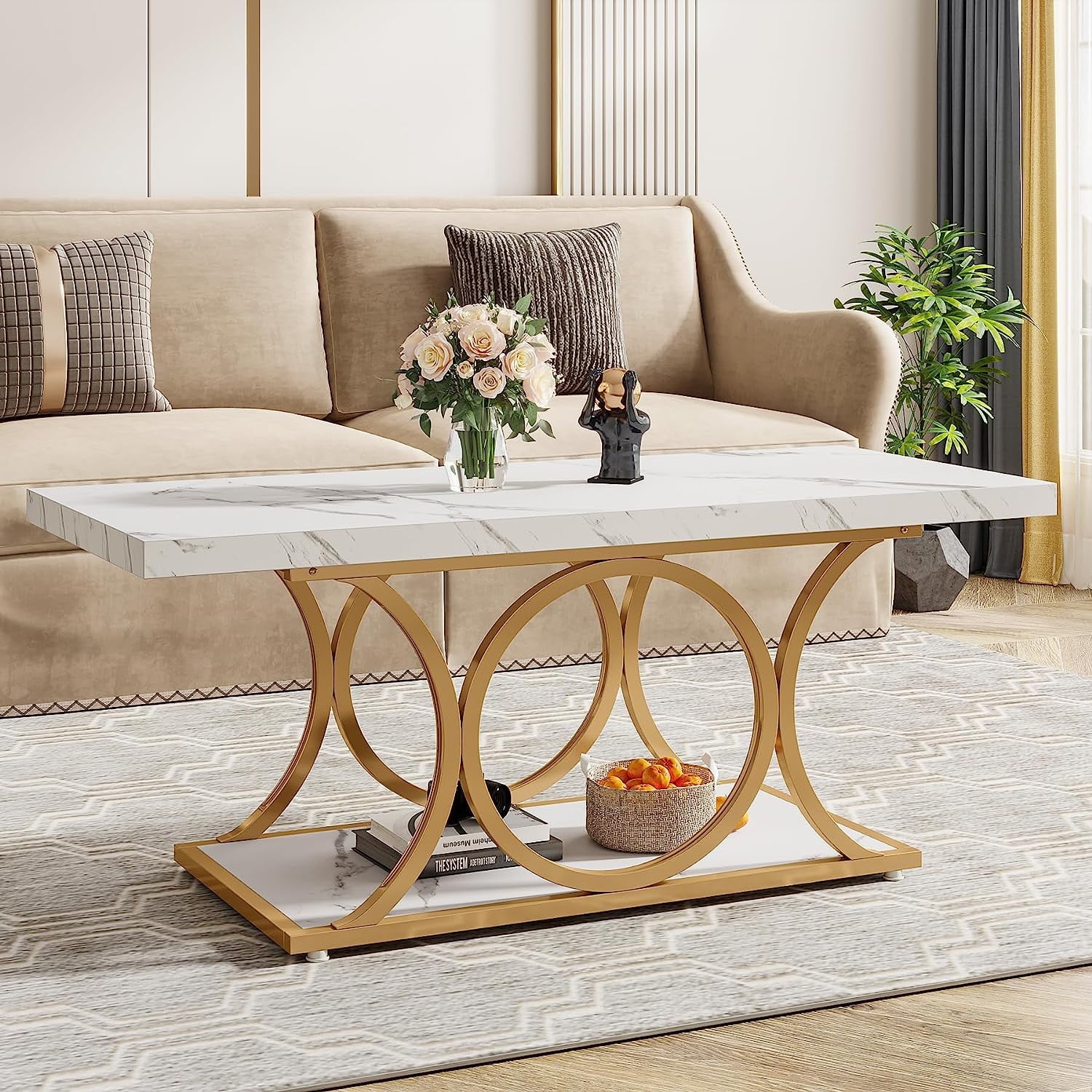 Tribesigns Living Room Faux Marble Wood Coffee Table: 2-Tier Rectangle ...