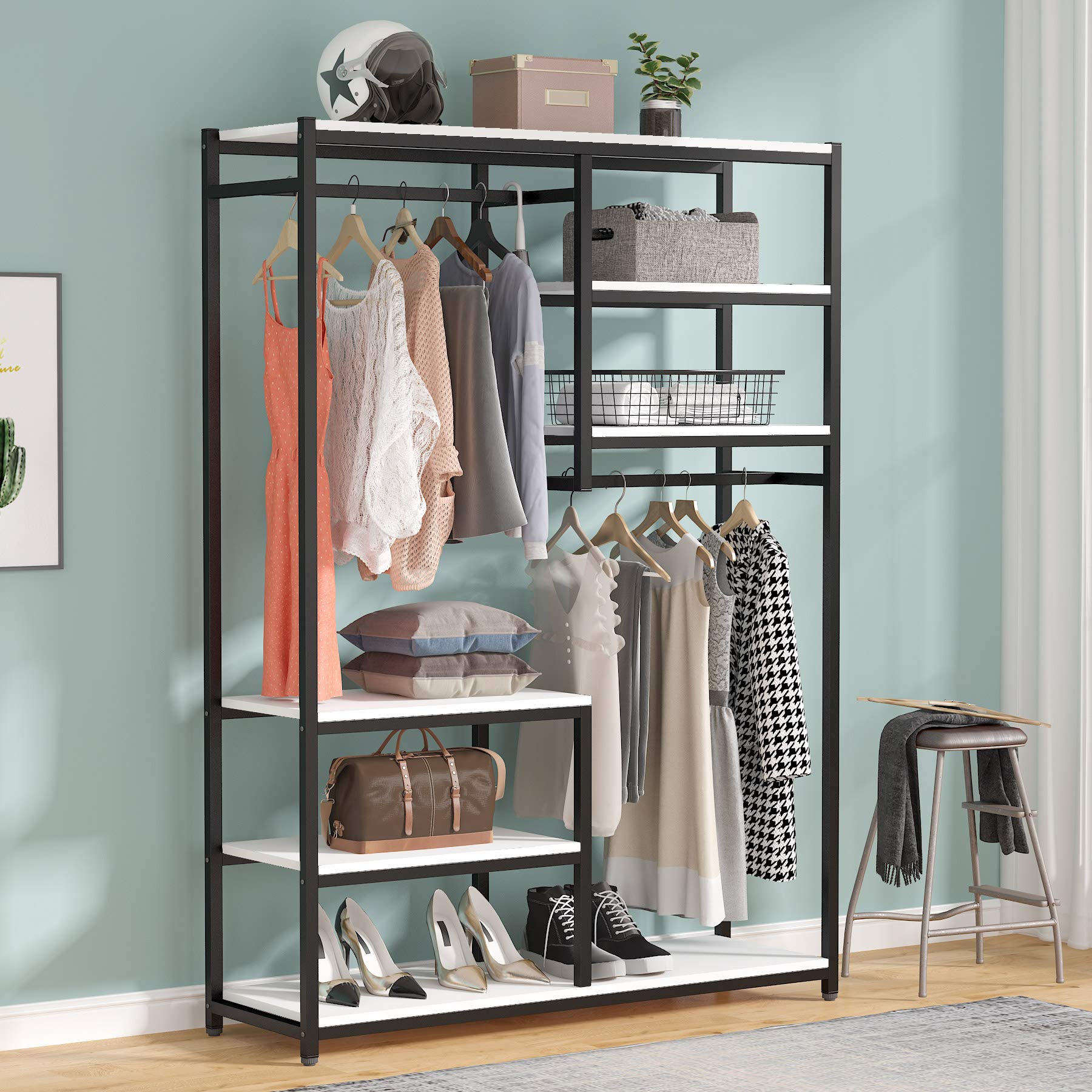 Tribesigns Free-standing Closet Organizer with 2 Hanging Rod, Garment ...