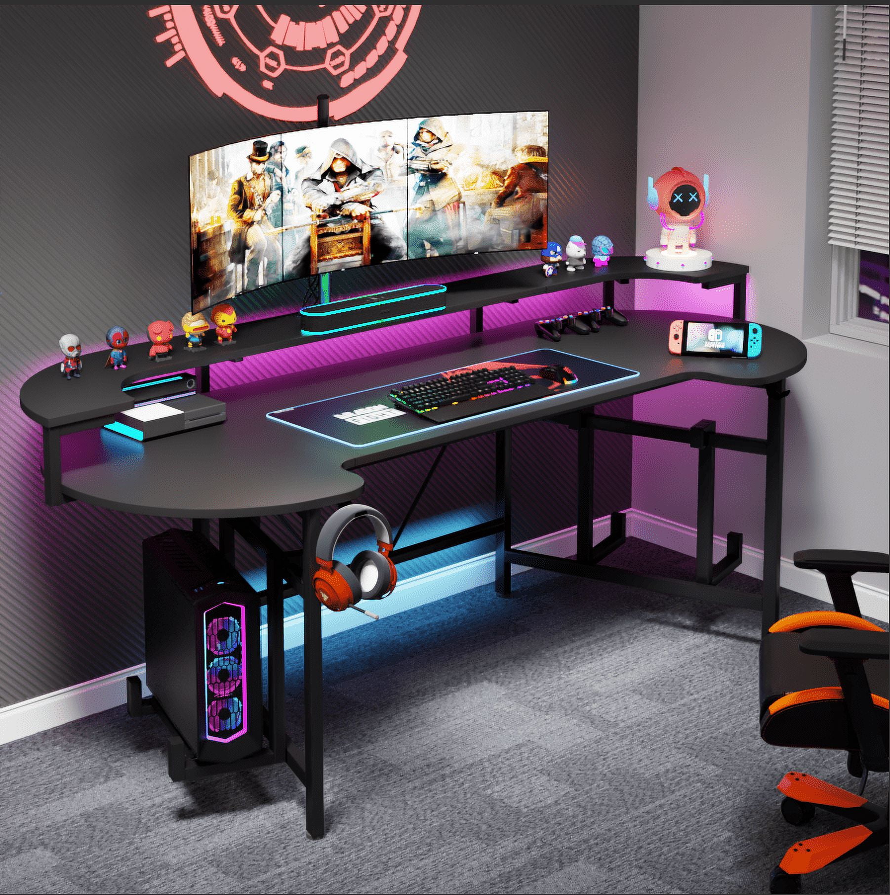 Tribesigns 75 inch Curved Gaming Desk with Monitor Shelf, LED Strip ...