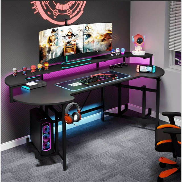 Tribesigns 75 inch Curved Gaming Desk with Monitor Shelf, LED Strip ...
