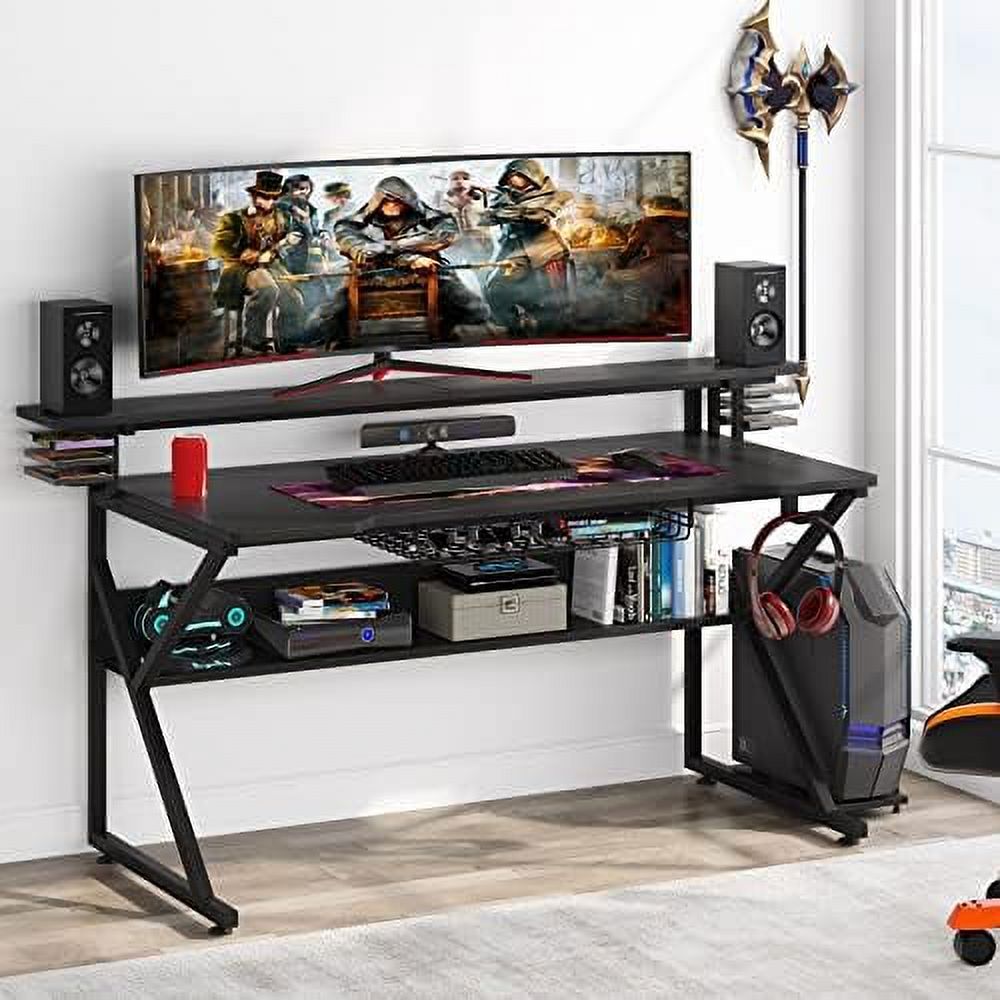 Tribesigns Gaming Desk with Storage Shelf and 59 inches Monitors Shelf ...