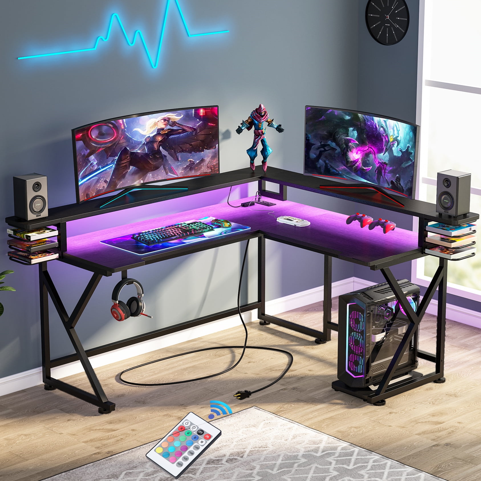 Tribesigns L Shaped Gaming Desk with Led Lights, Power Outlet, USB ...