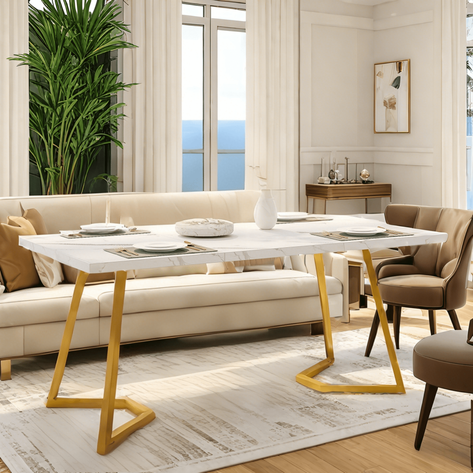 Tribesigns Gold Dining Table: Modern 55" White Dinner Table with Golden Legs, Faux Marble ...