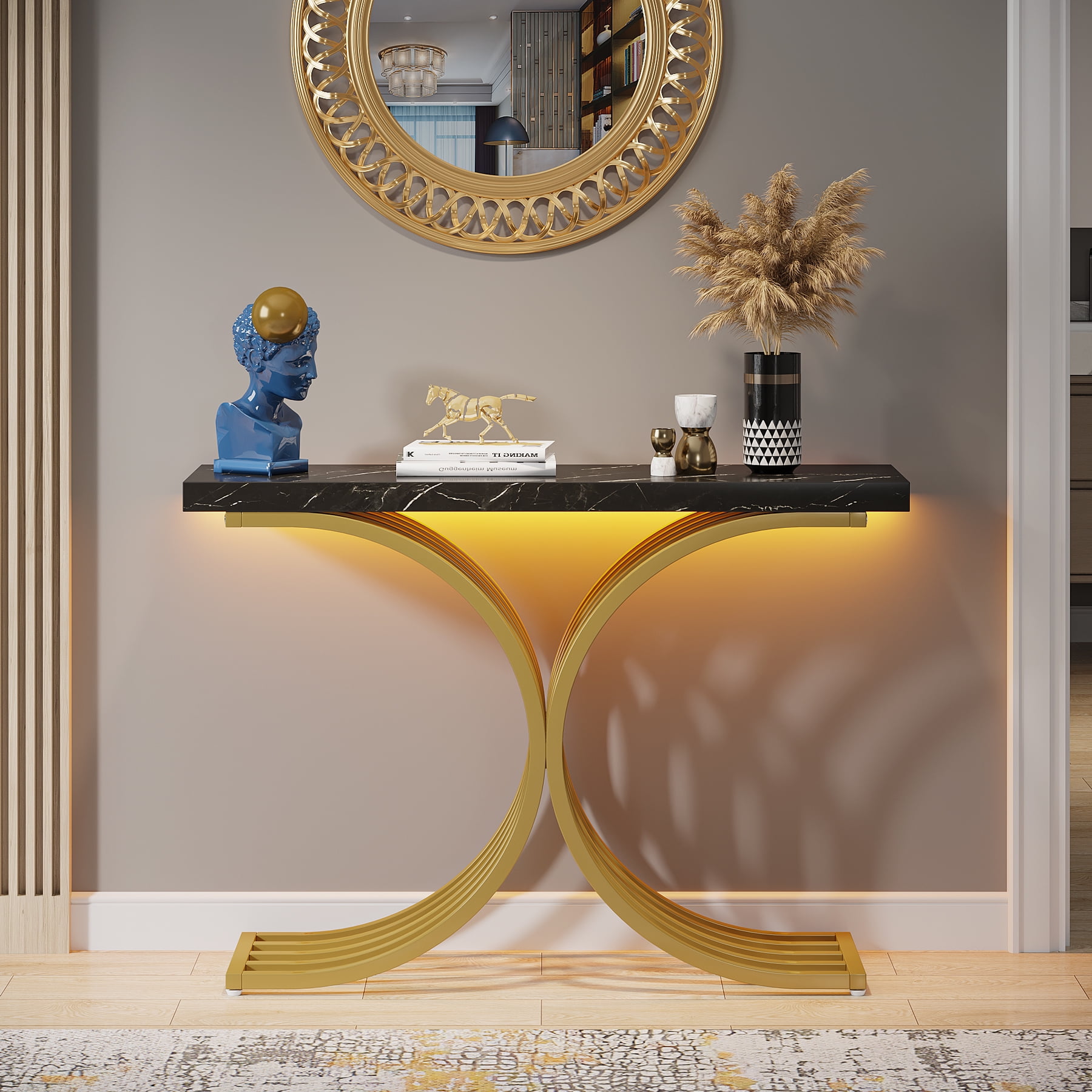 Tribesigns Gold Console Table with LED Lights, Faux Marble Top ...