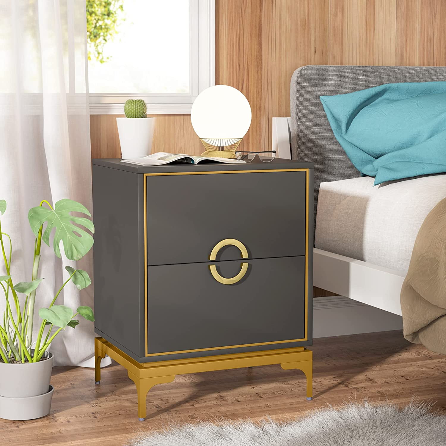 Tribesigns Gray and Gold Nightstand 2-Drawer, Modern Tall Bedside Table ...