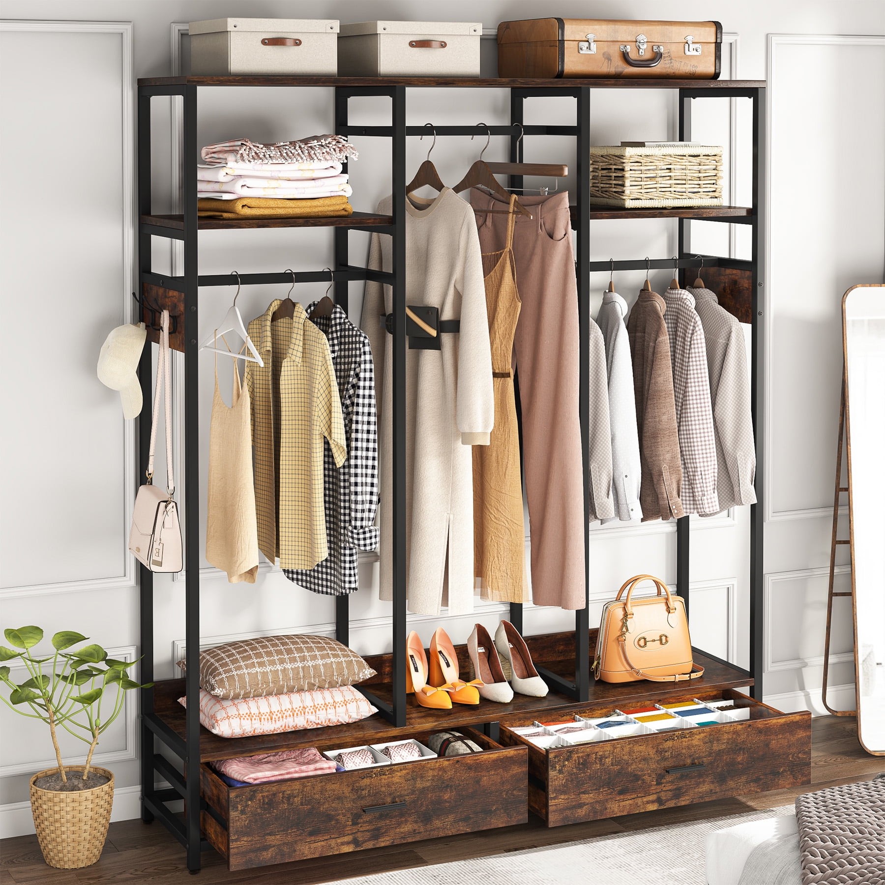 Tribesigns Heavy-duty Metal & Wooden Wardrobe Rack with Shelves, 2 ...