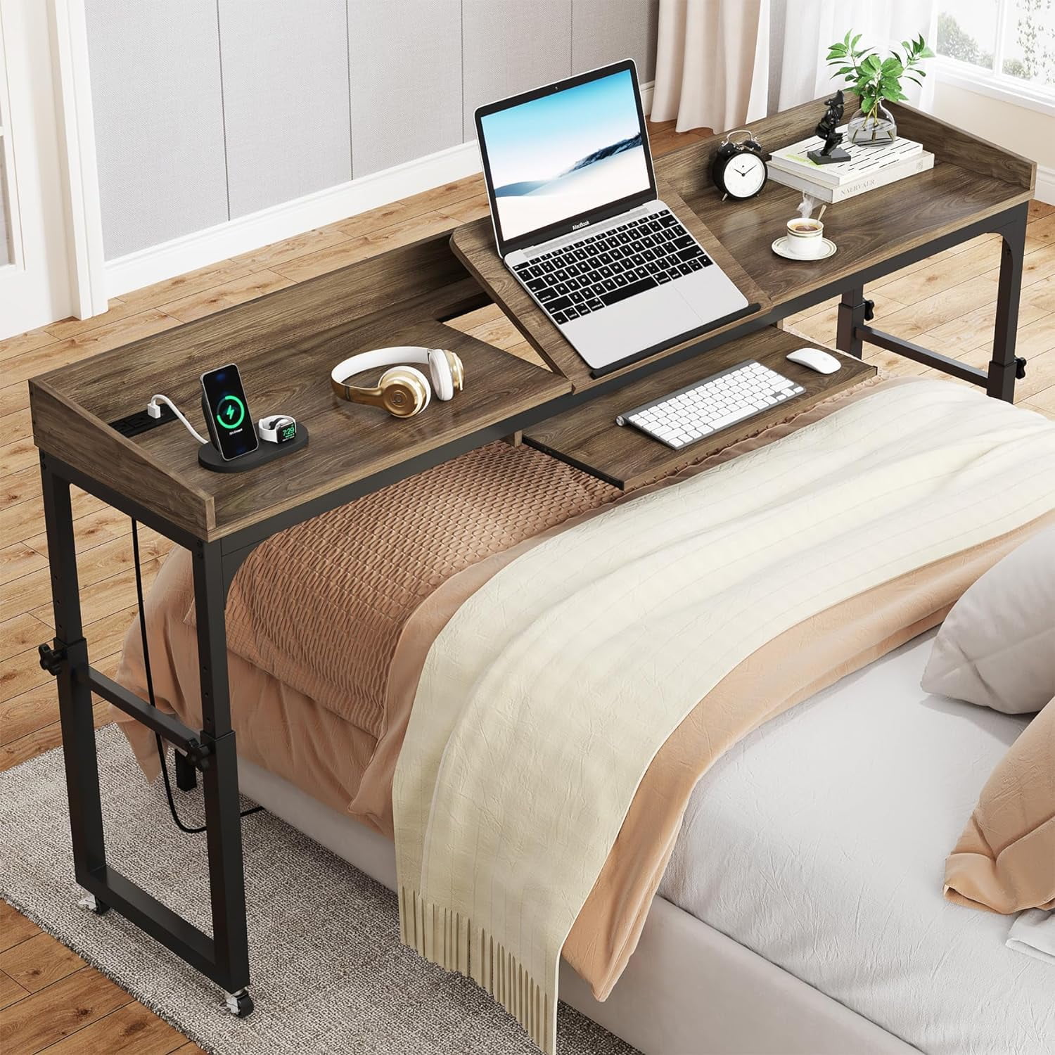 Tribesigns Height Adjustable Overbed Table with Wheels, Queen Size ...