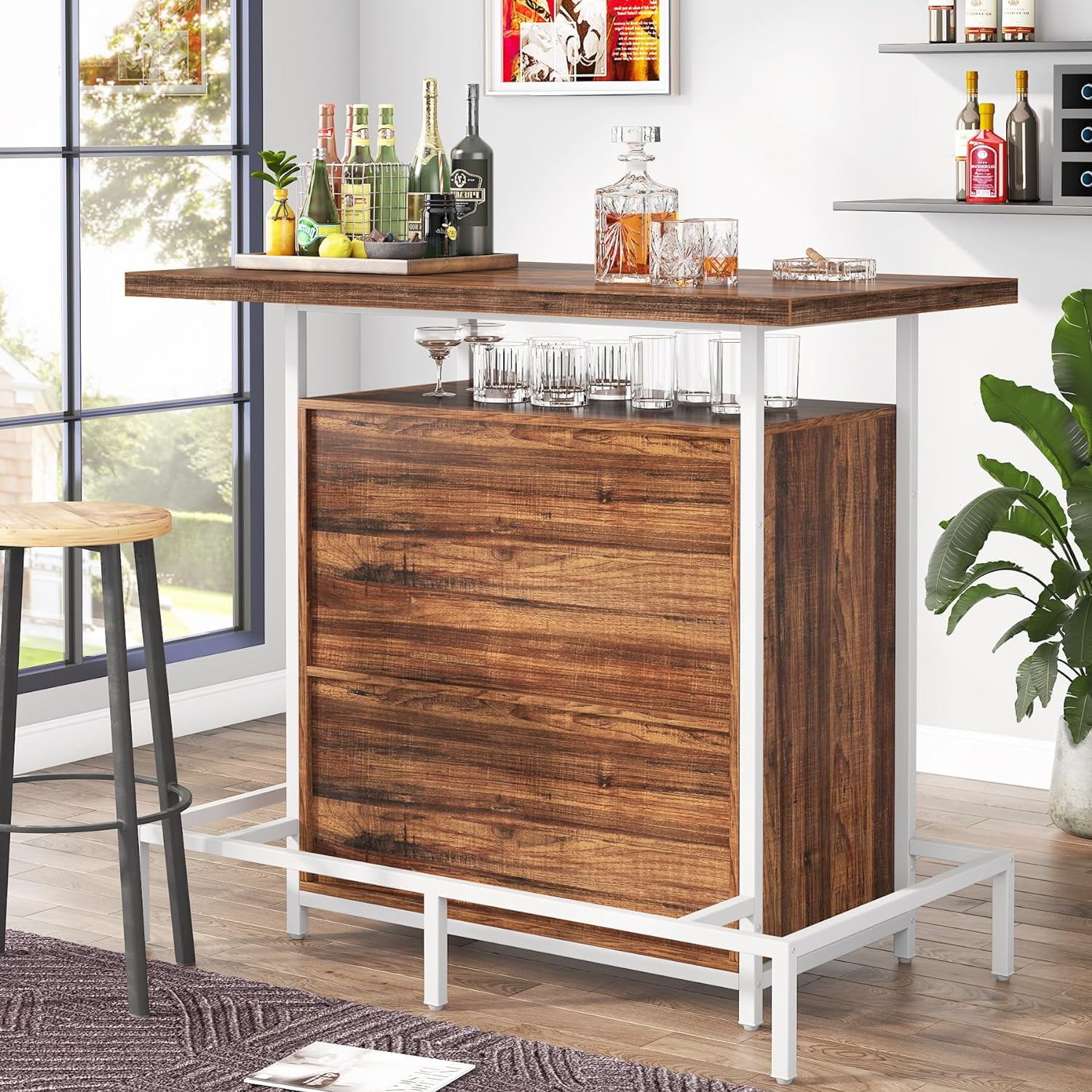 Tribesigns Industrial 3-Tier Liquor Bar Table with Glasses Holder and ...