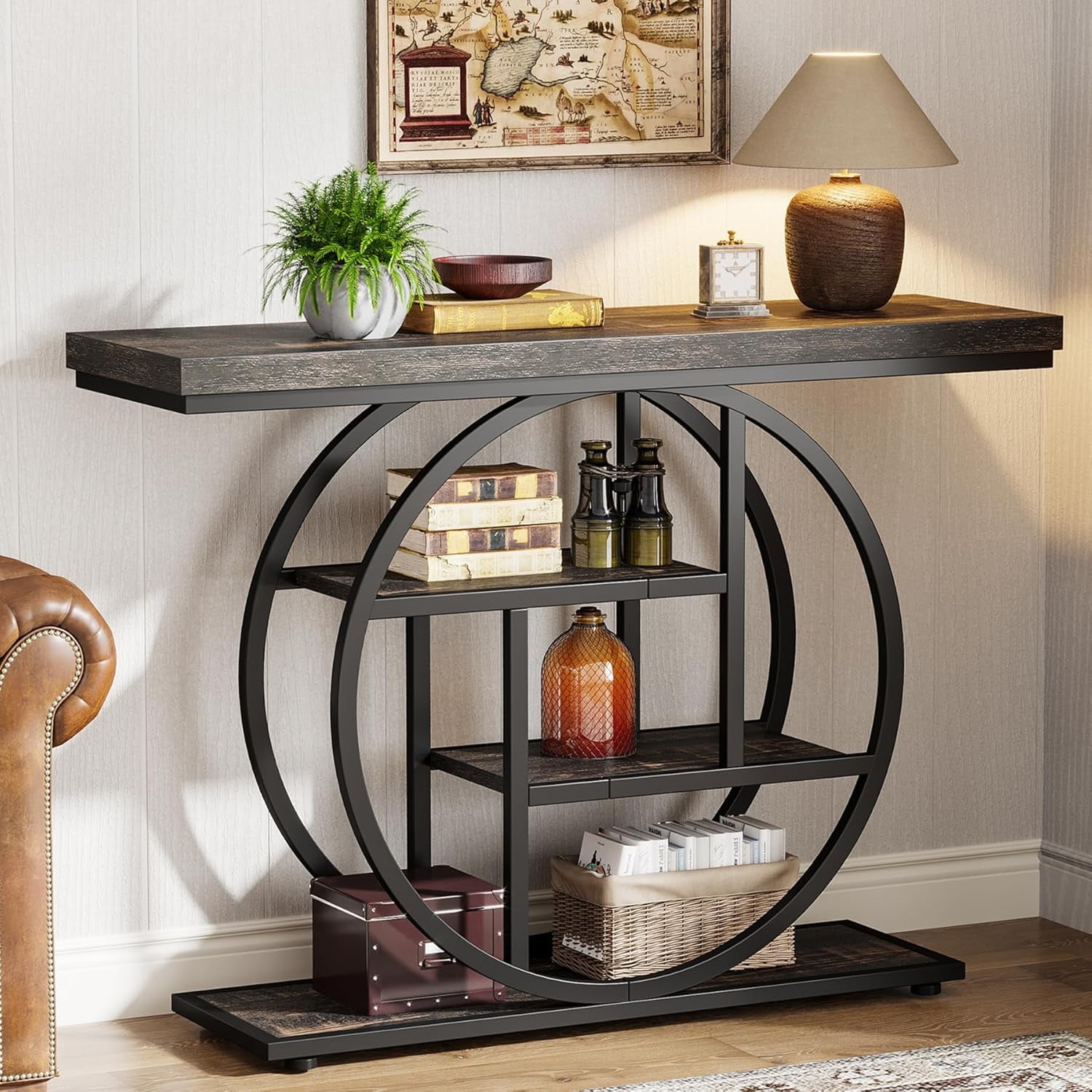 Finmind Industrial 4-Tier Sofa Table with Circle Base, 41.3" Console ...