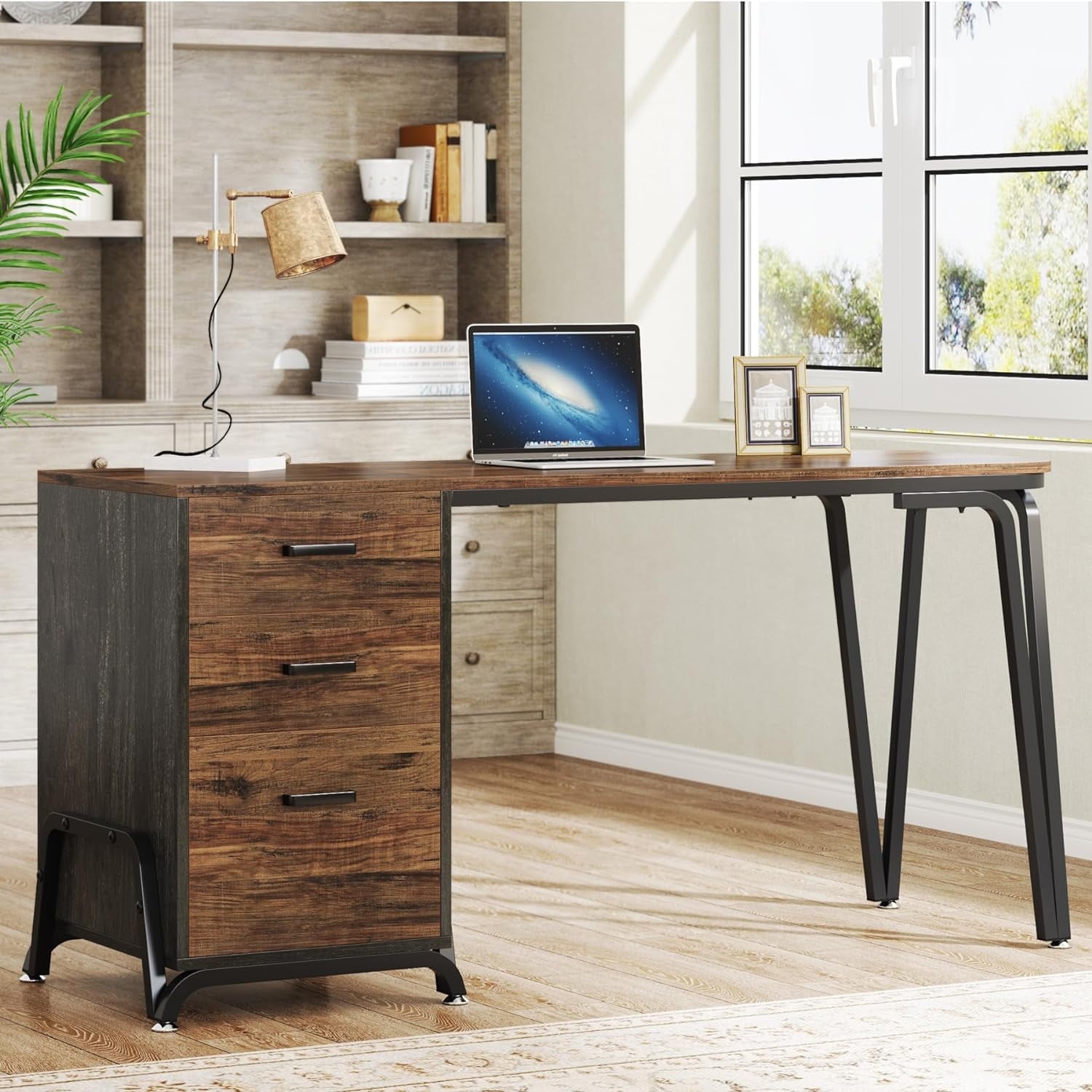 Finmind Industrial Computer Desk with 3-Drawer Cabinet, Reversible ...