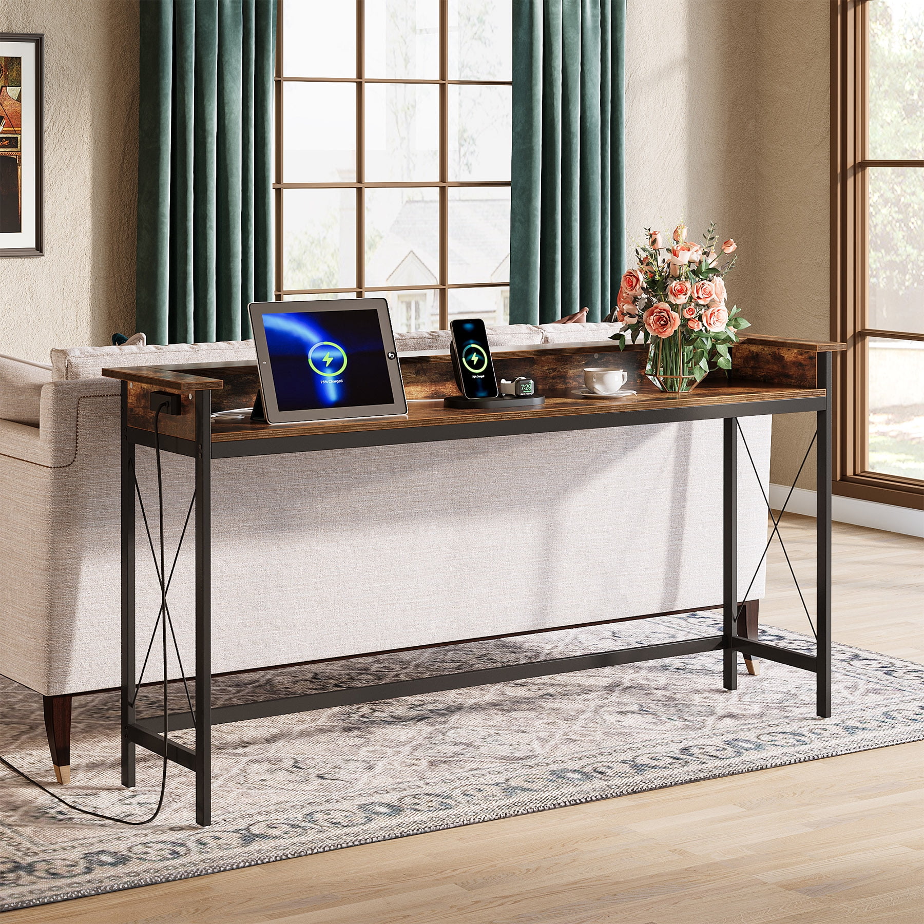 Tribesigns Industrial Sofa Table, 70.9" Long Console Table with Outlets ...