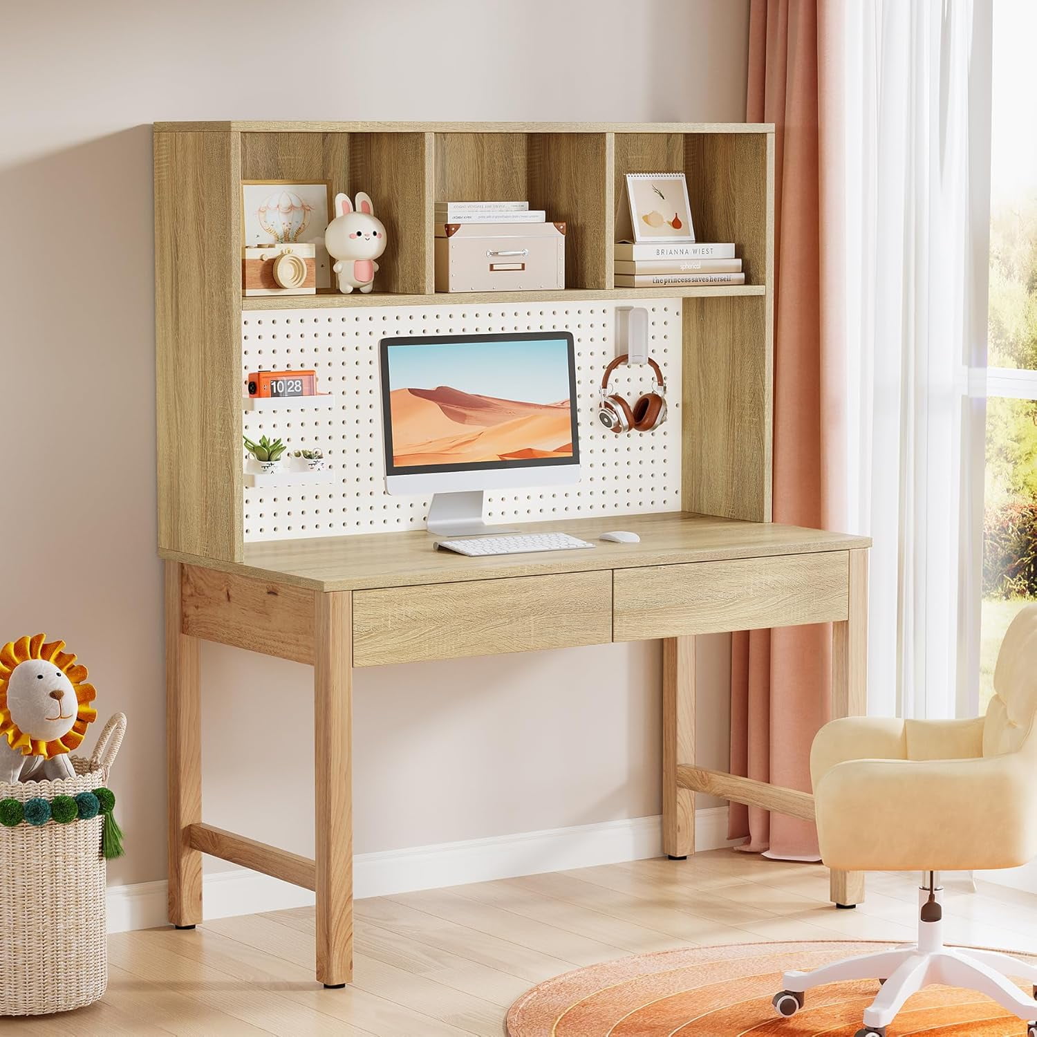 Tribesigns Kids Desk with Hutch & Drawers, Wooden Study Table Writing ...