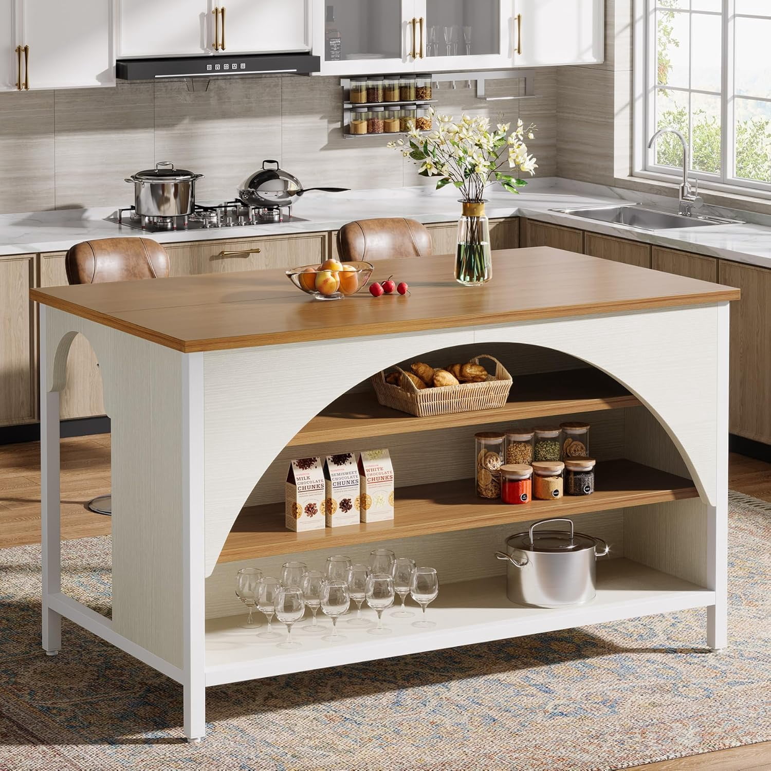 Tribesigns Kitchen Island with 3 Shelves, Large Countertop & Seating ...