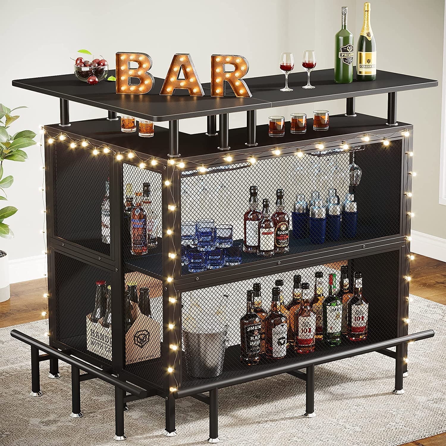 Tribesigns L-Shaped Bar Table, 4 Tiers Wood Pub Table with Storage ...