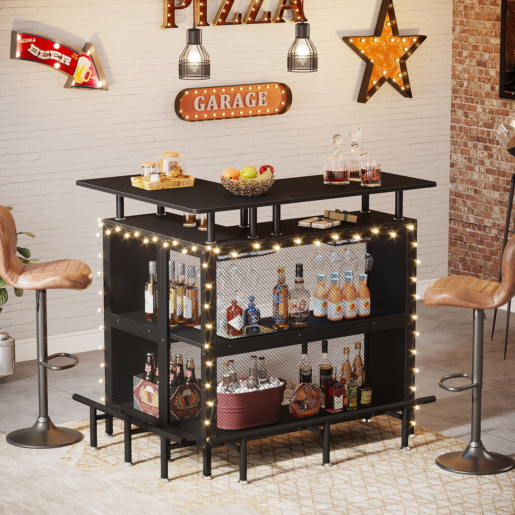 Tribesigns L-Shaped Bar Table, 4 Tiers Wood Pub Table with Storage ...