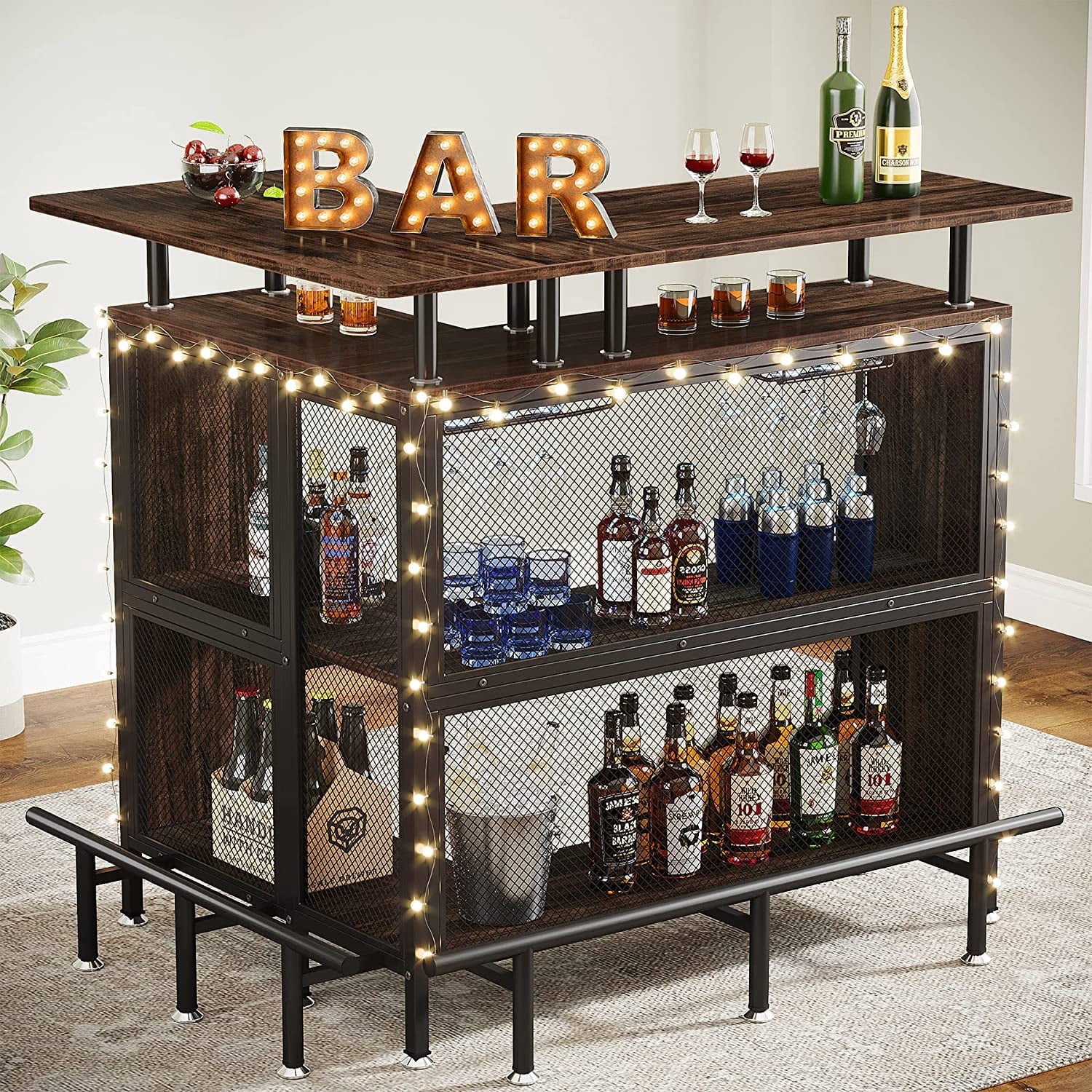 Tribesigns L-Shaped Bar Table, 4 Tiers Wood Pub Table with Storage ...