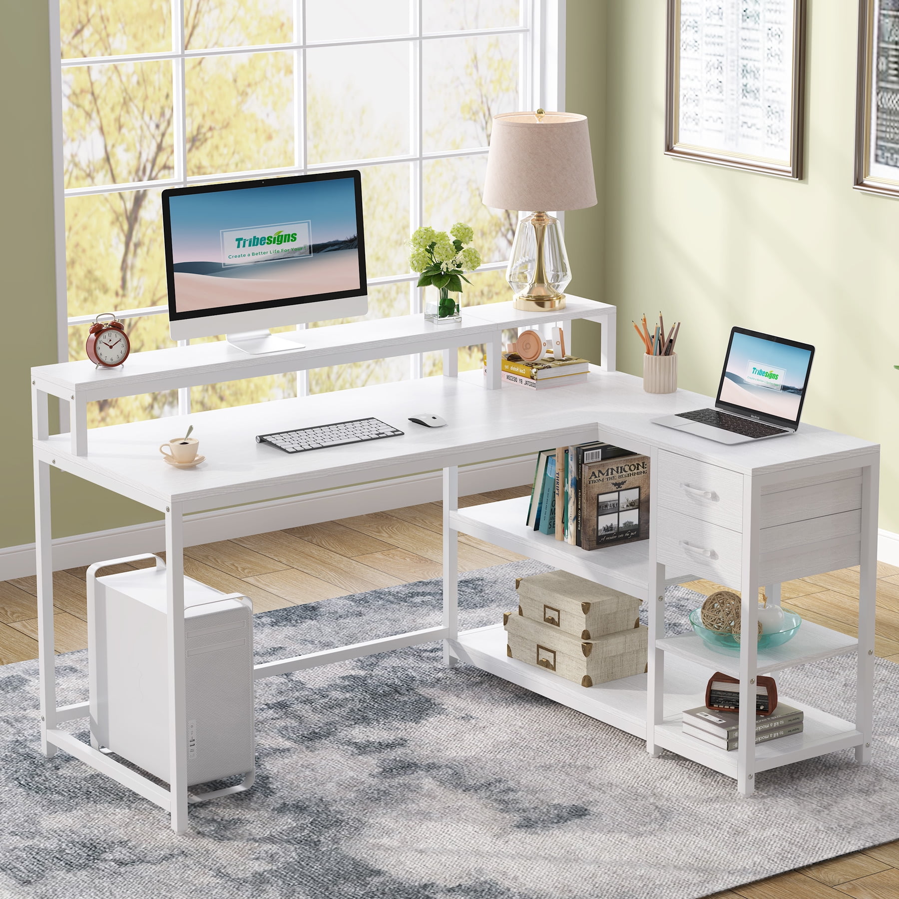 Tribesigns L-shaped Desk with Drawer, Storage Shelf & Monitor Stand ...