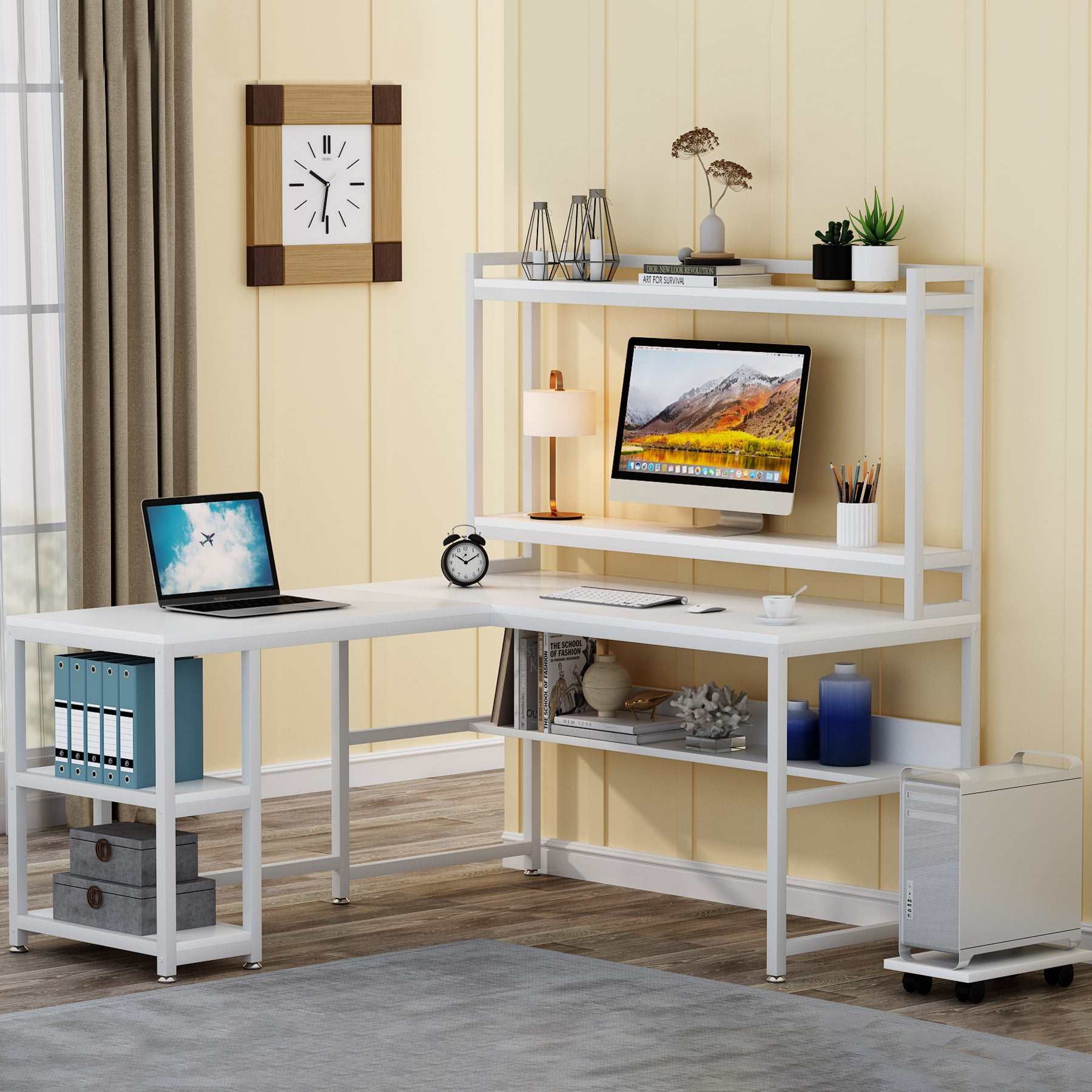 Tribesigns L-Shaped Computer Desk with Hutch and Storage Shelves, 59 ...