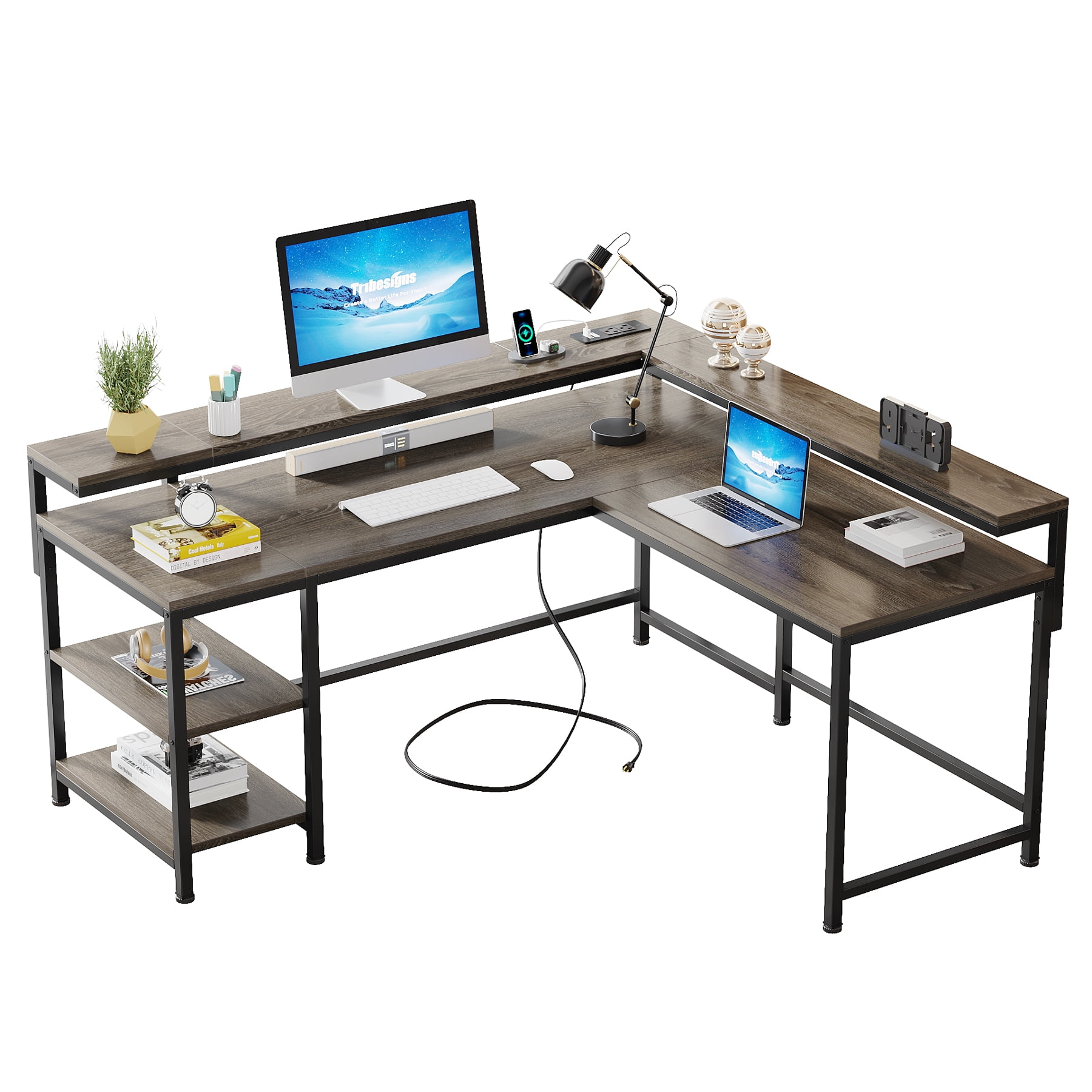 Tribesigns L Shaped Computer Desk with Power Outlets, USB Port, Monitor ...