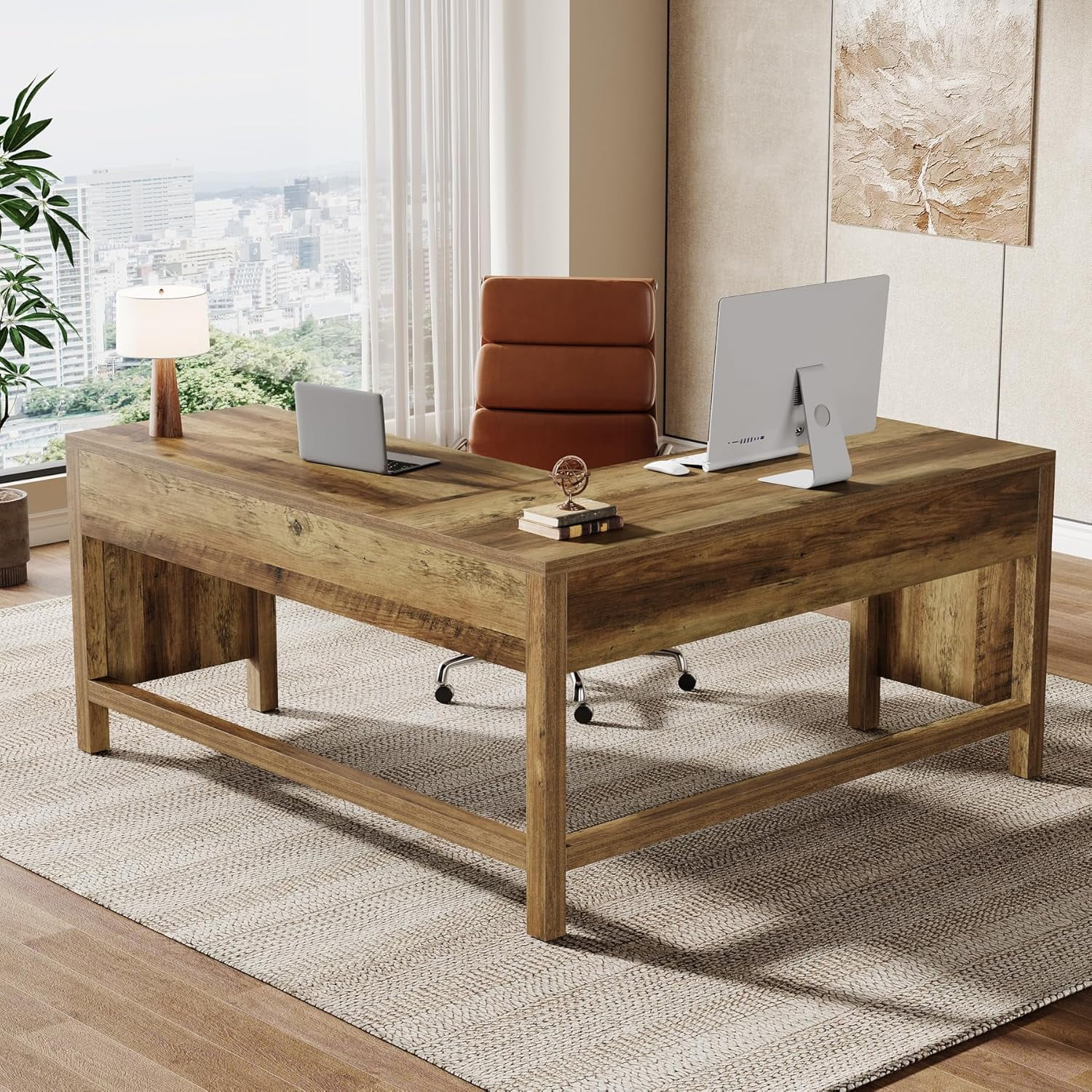 Tribesigns L-Shaped Desk with Reinforced Panels, Rustic Executive ...