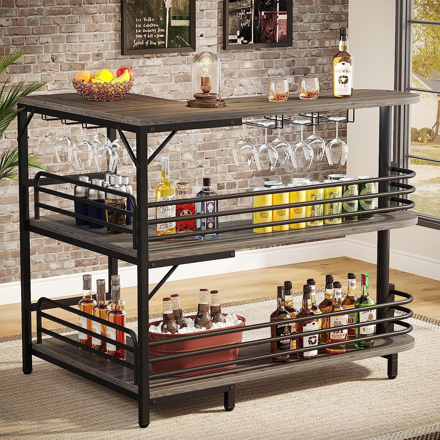Tribesigns L-Shaped Bar Unit, 3 Tier Shelves, 6 Glass Holder, Wine ...