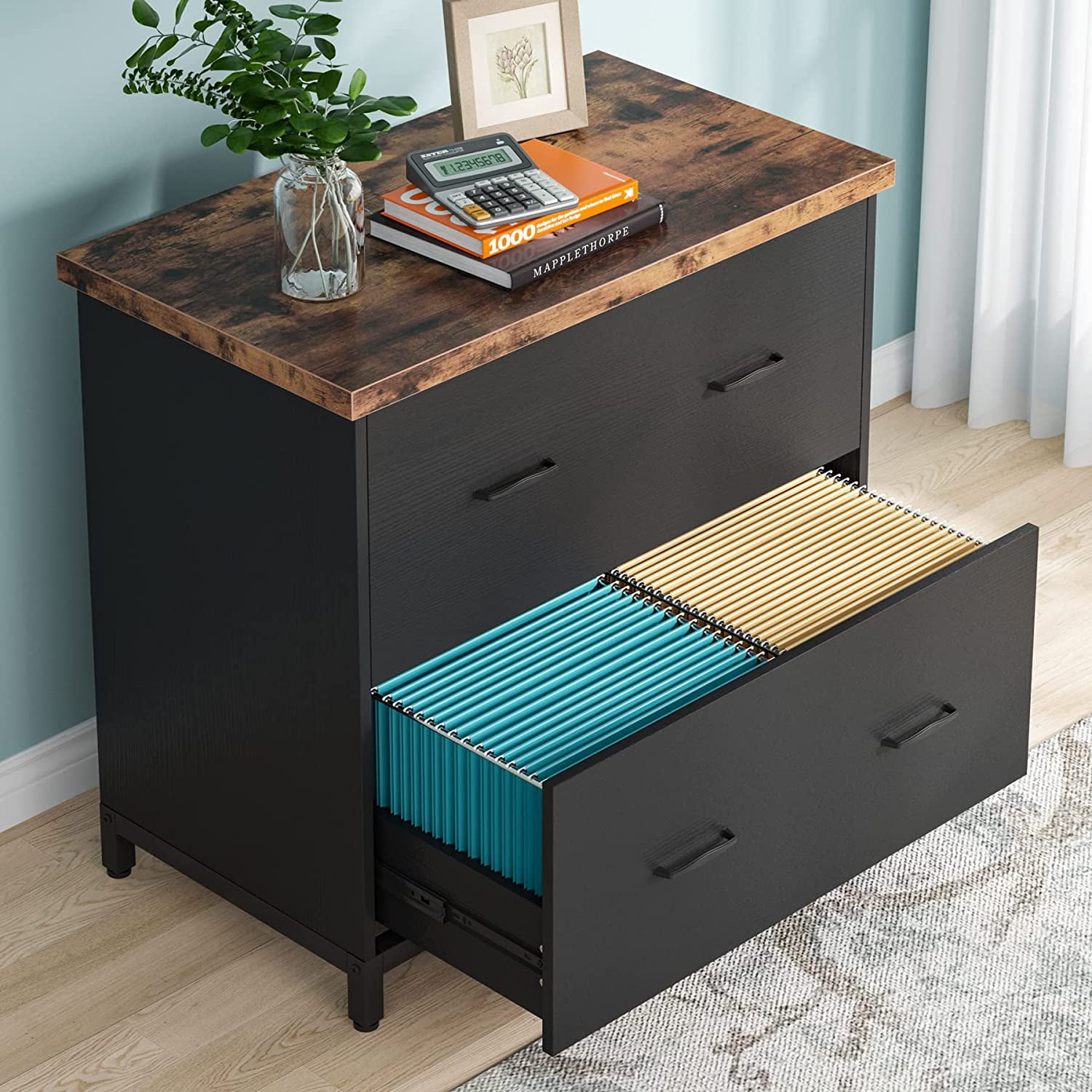 Modern Tribesigns 2 Drawer Storage Lateral File Cabinet Rustic Brown And Black
